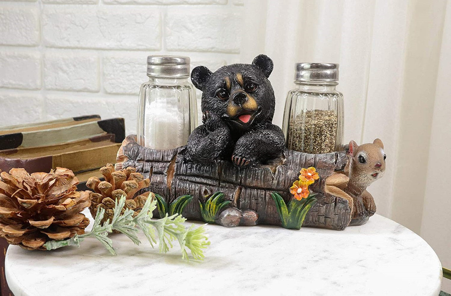Trinx Joriel Black Baby Bear Cub Sitting In Log With Squirrel Salt And ...