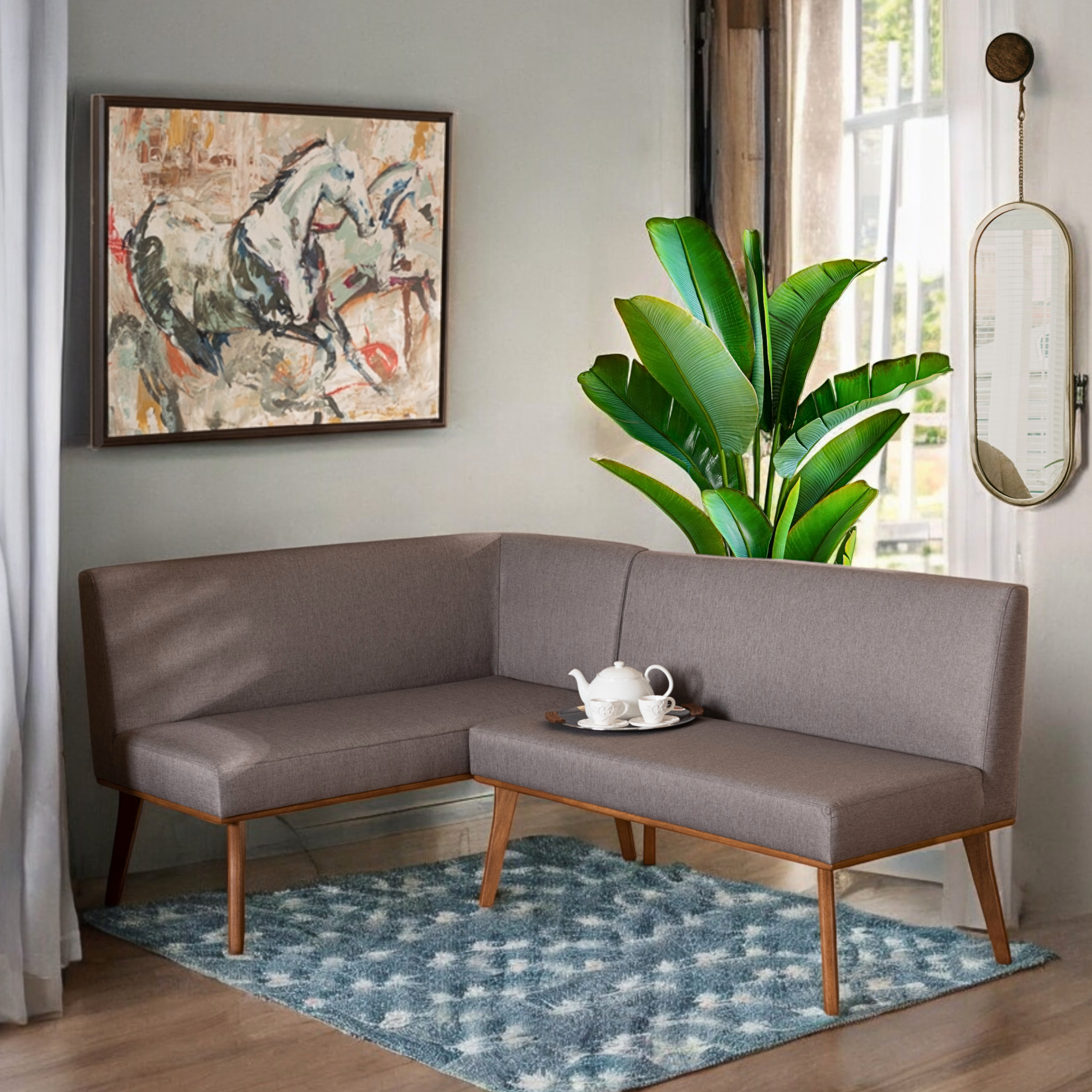 Corrigan Studio® Nimba Mid-Century Modern 2-Piece Dining Nook Banquette Set in Gray Fabric and ...