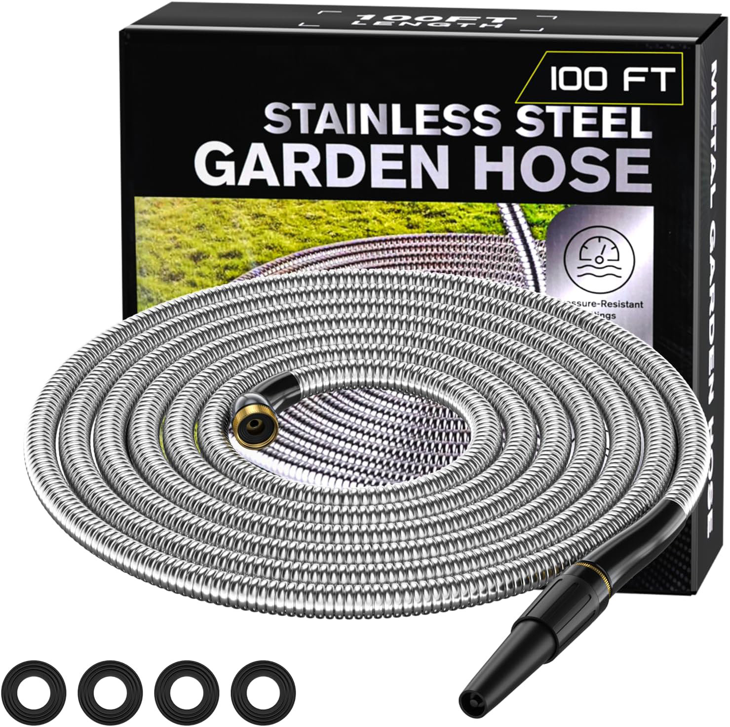 Cotsoco Garden Hose 100ft With Nozzle, 304 Stainless Steel Heavy Duty ...