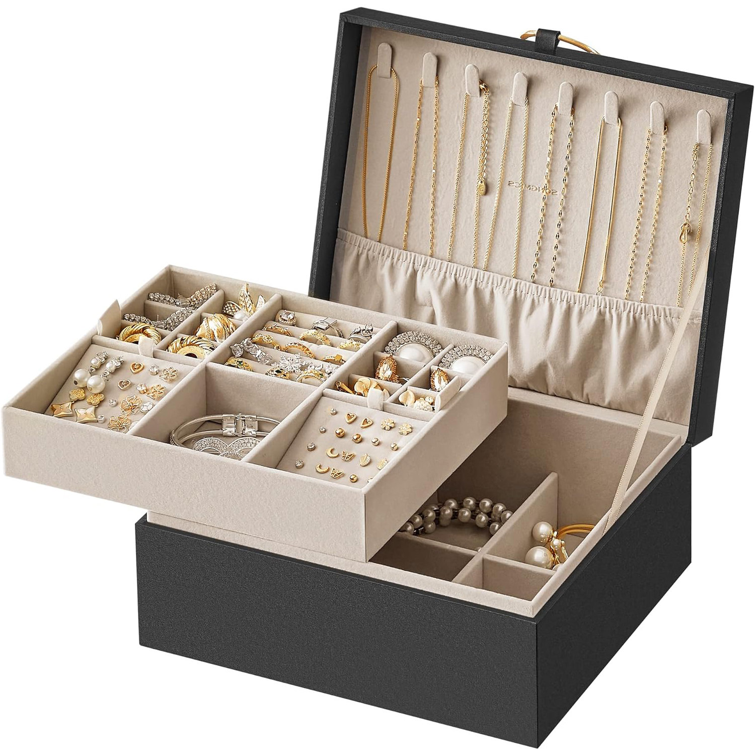 Latitude Run® 2-Layer Jewellery Box, Jewellery Organizer with Handle ...