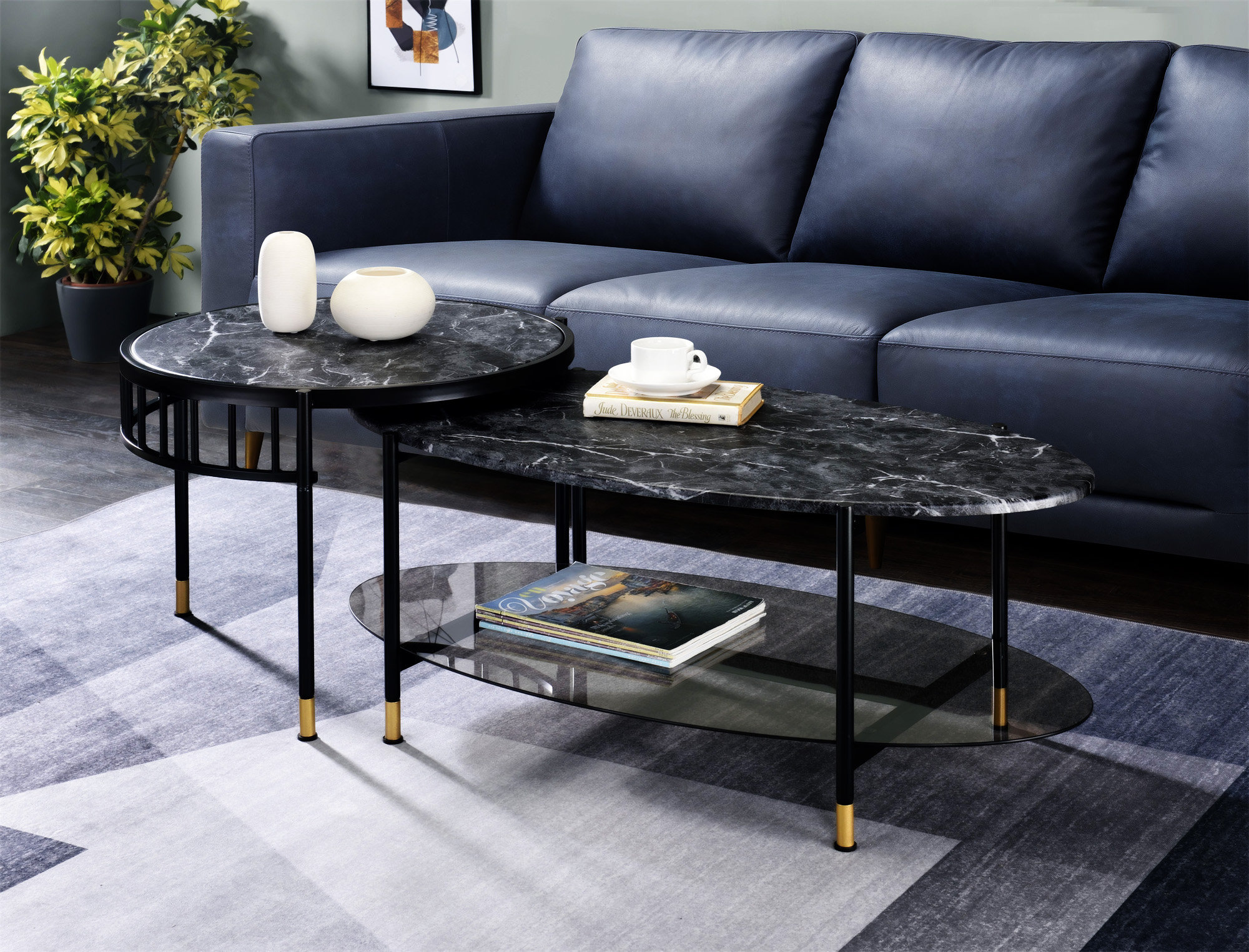 Mercer41 Silas Engineered Stone Top & Black Finish Nesting Table ...