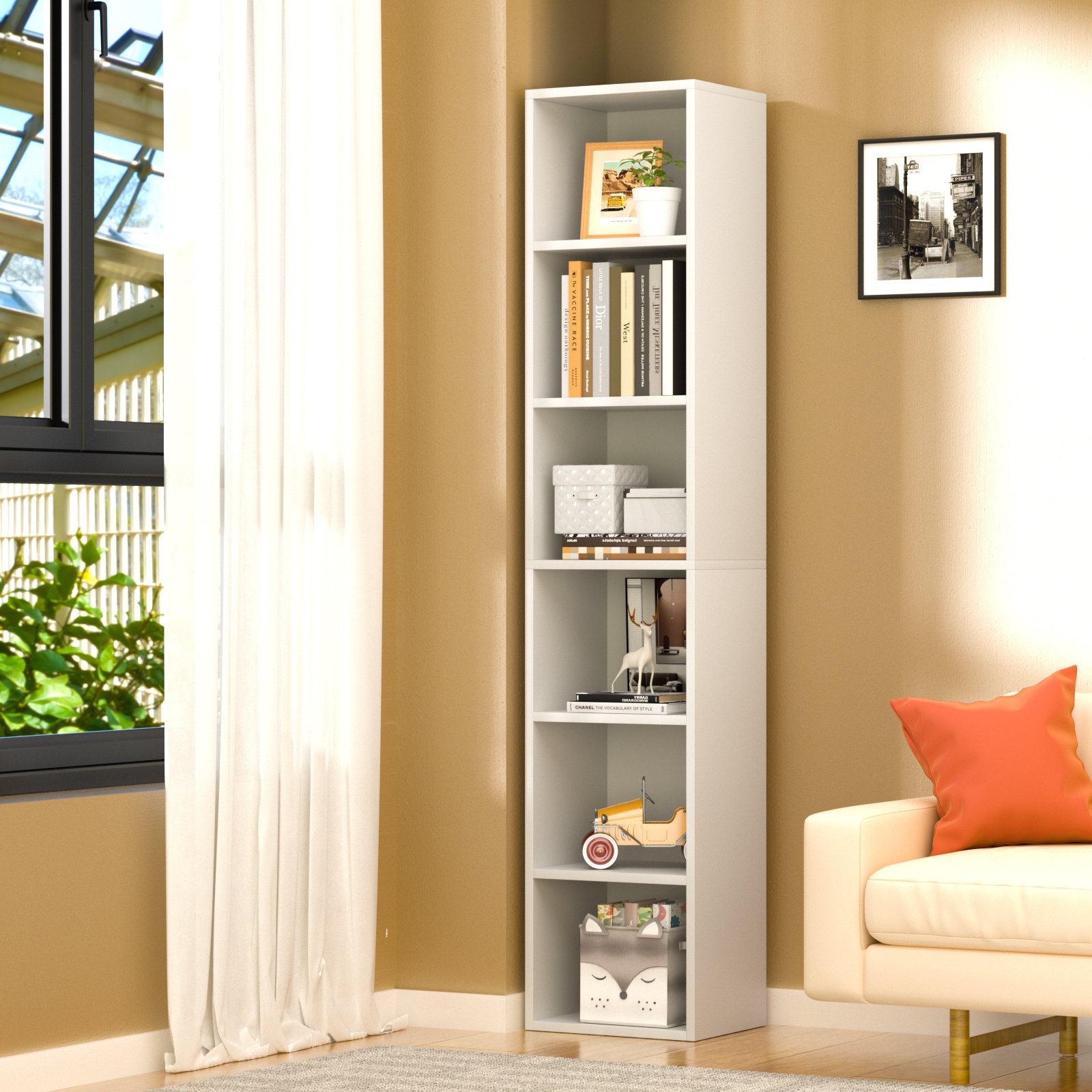 Ebern Designs Imron Narrow Bookcase, Tall Corner Bookshelf for Bedroom ...
