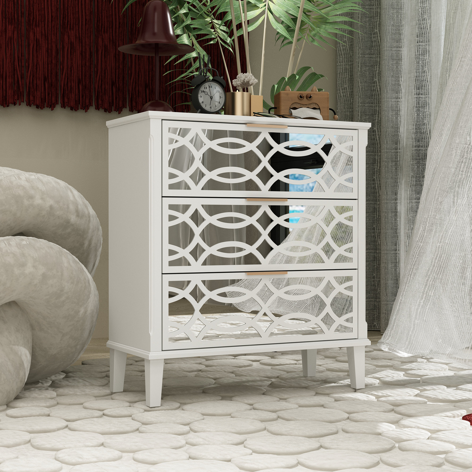 Mercer41 White 3 Mirrored Drawers Dresser | Wayfair