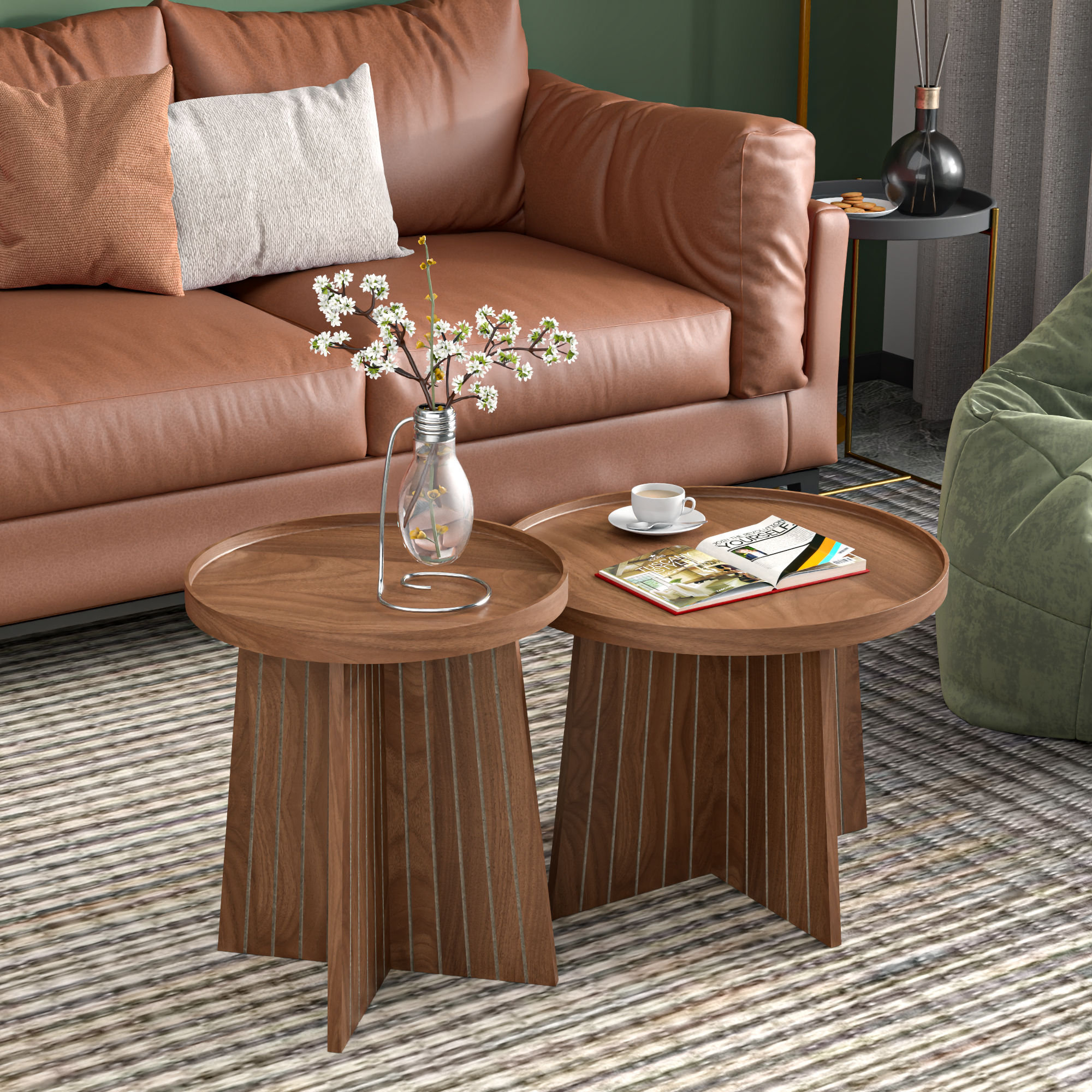 Gracie Oaks Round Fluted Nesting Coffee Table, 2 Piece Coffee Table Set ...