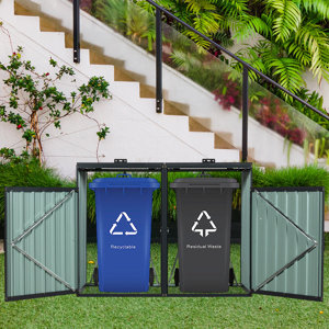 iYofe 63"L Outdoor Garbage Bin Storage Shed, Galvanized Steel, Lockable ...