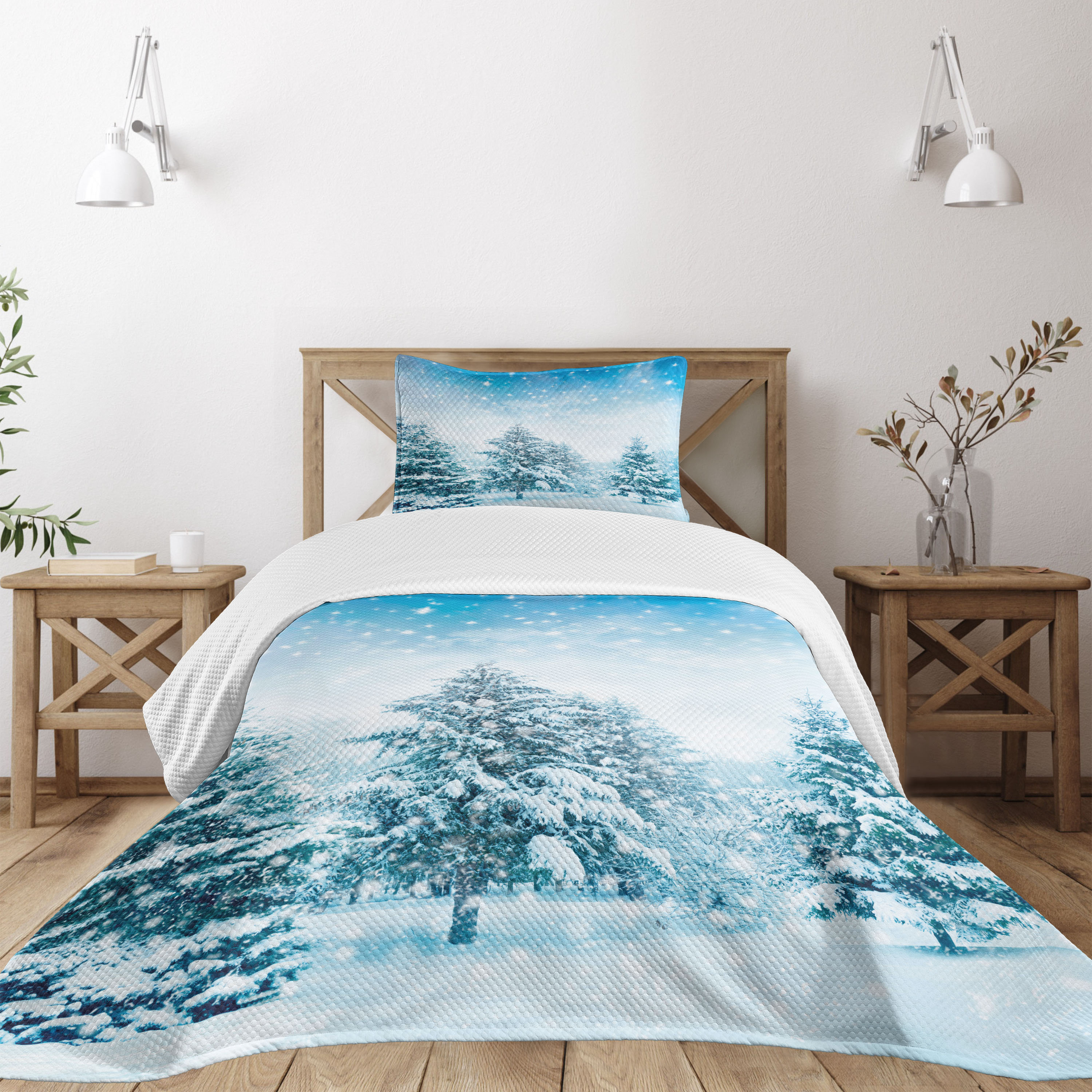 Ambesonne Winter Bedspread Fir Trees Mountainside Blue White | Wayfair