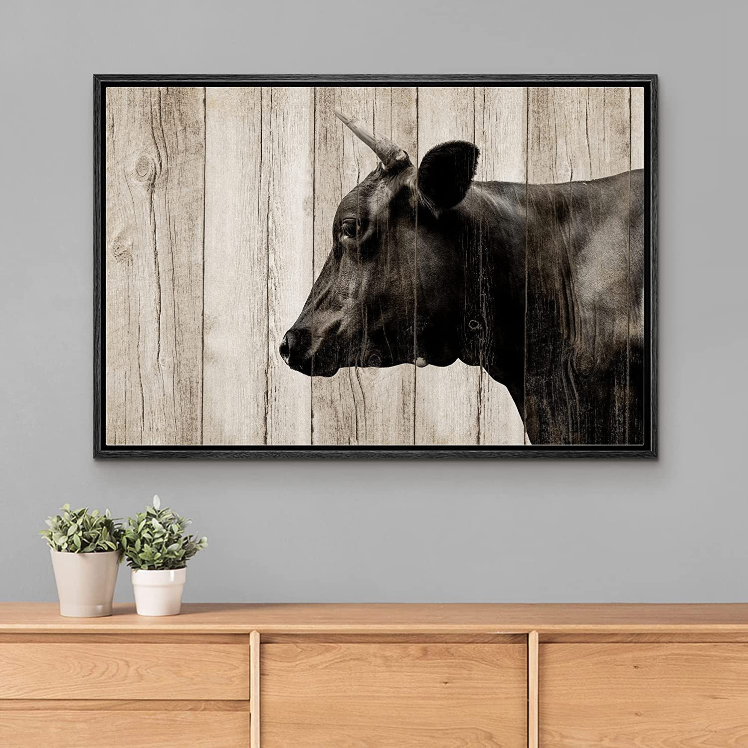 SIGNLEADER Framed Canvas Print Wall Art Wood Panel Countryside Farm Cow ...