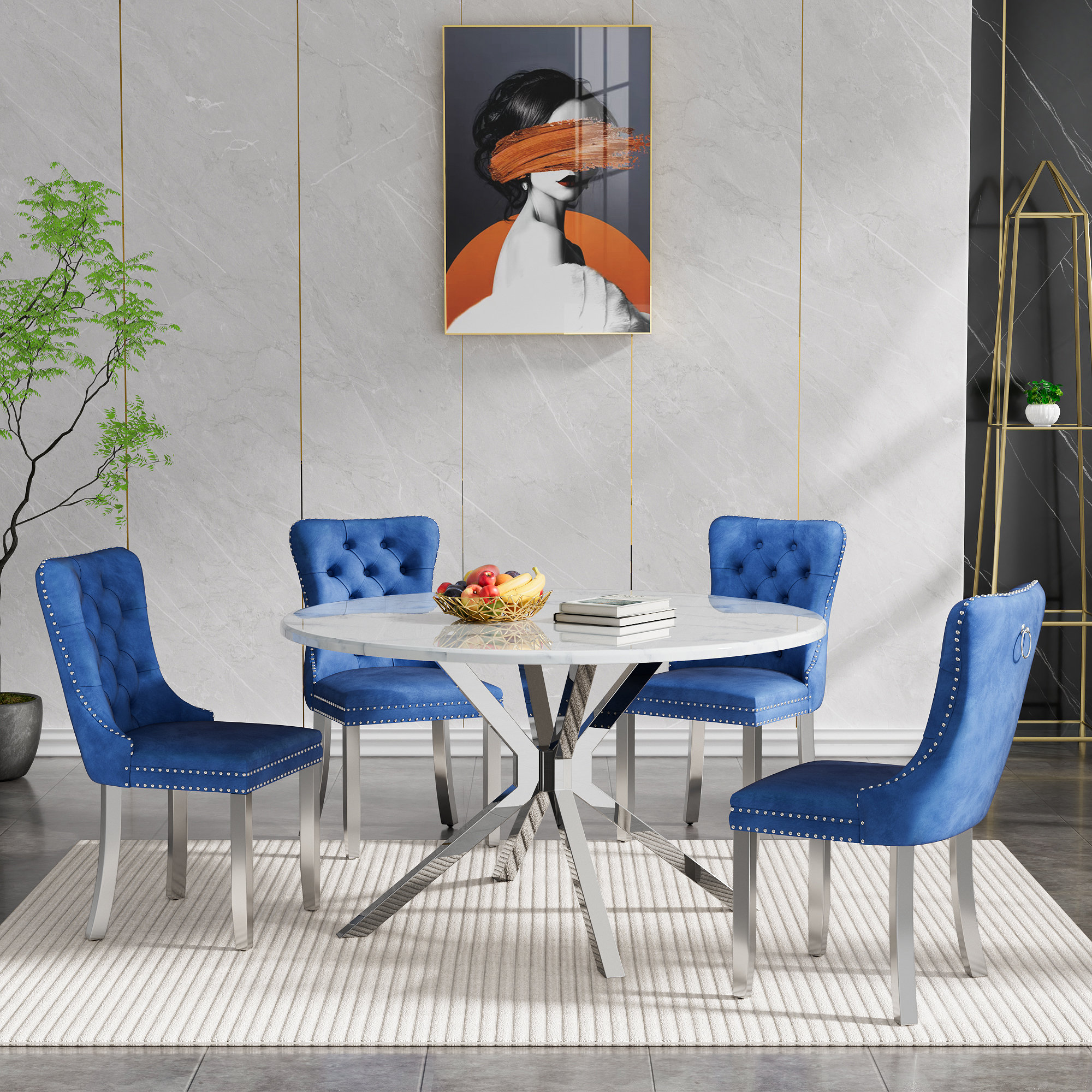 House of Hampton® Round Dining Table Set for 4, White Marble Dining ...