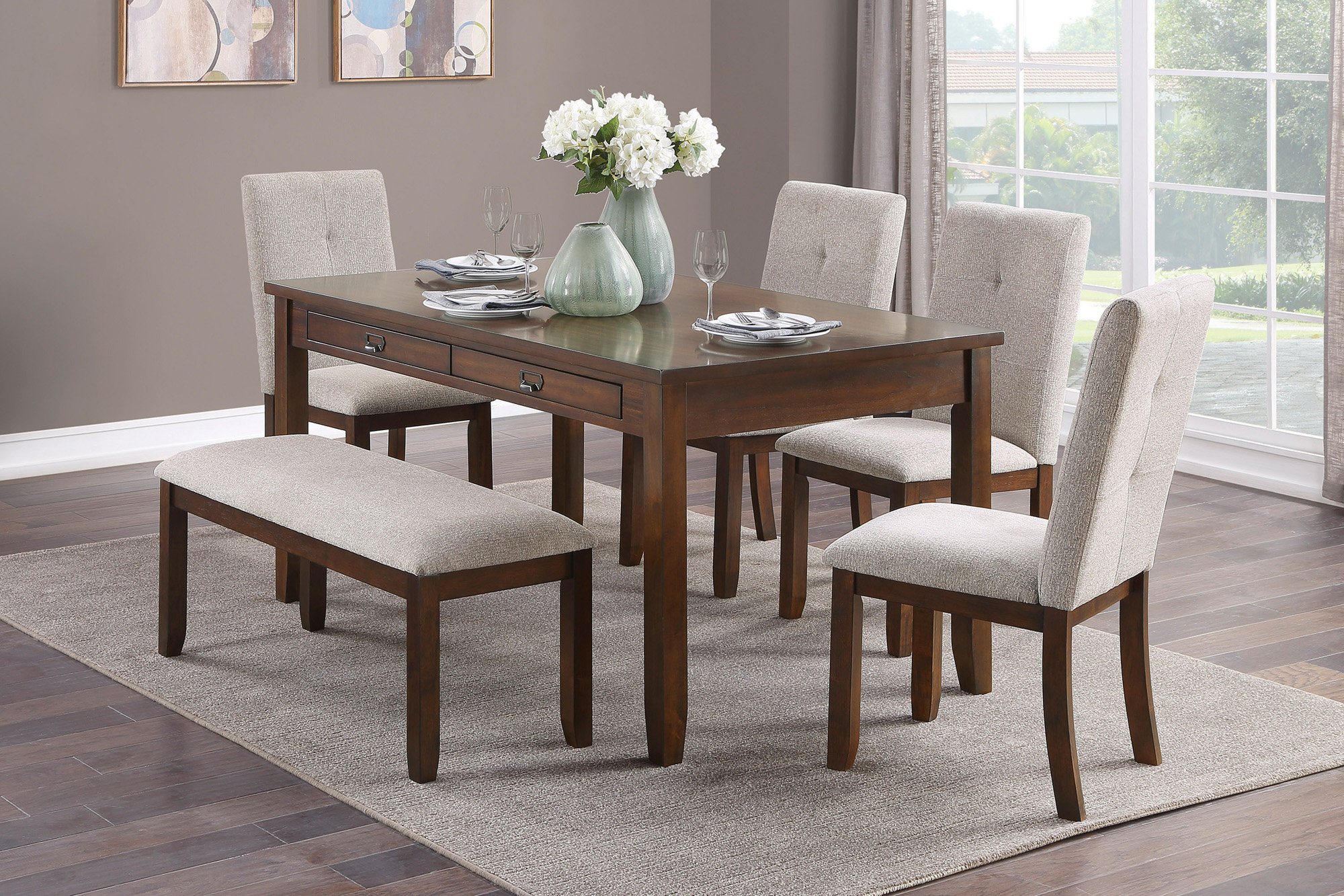 Lark Manor 6Pc Dining Set Table Bench And 4 Side Chair Chenille ...