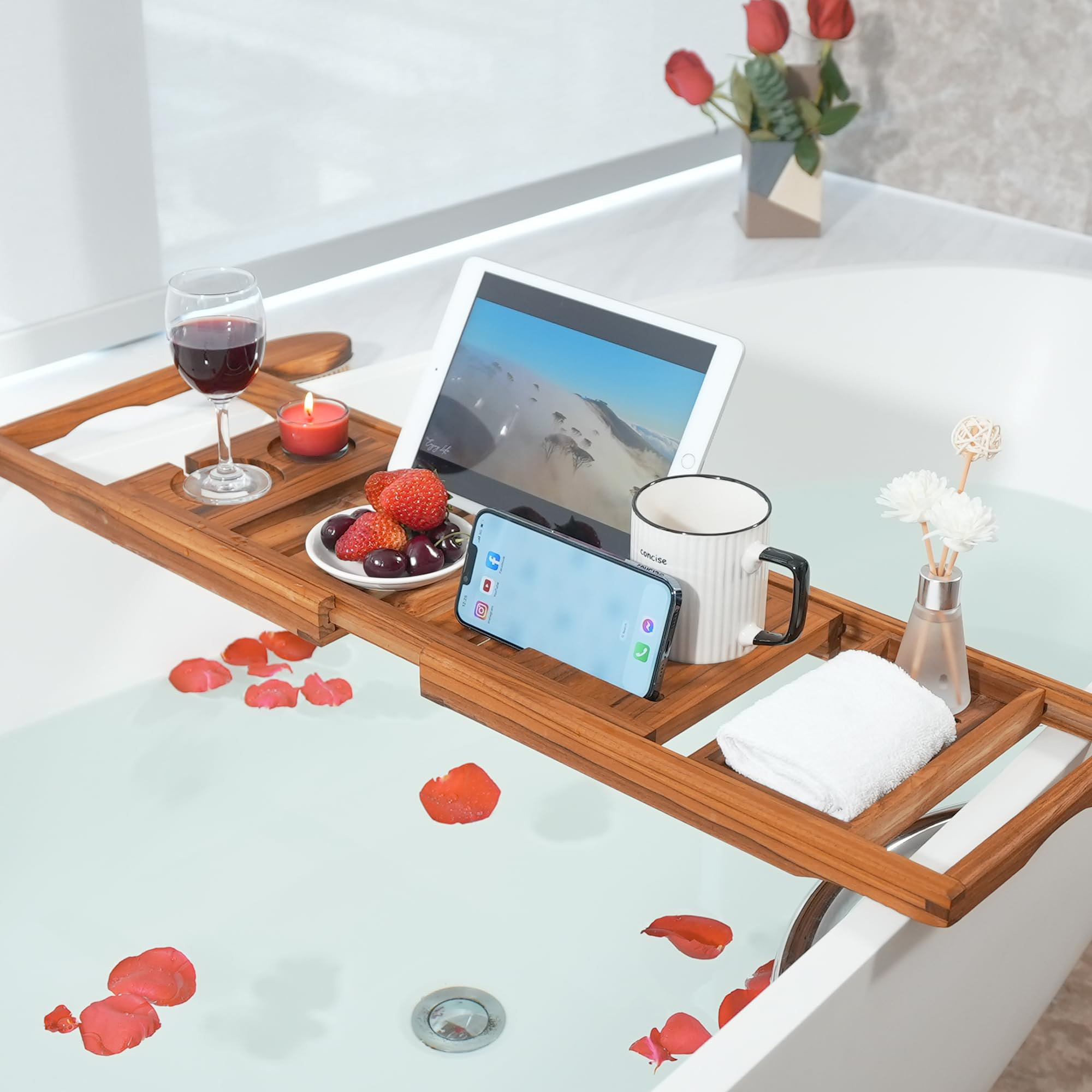 One Allium Way® Premium Teak Bathtub Tray, Expandable Wooden Bath Tray ...