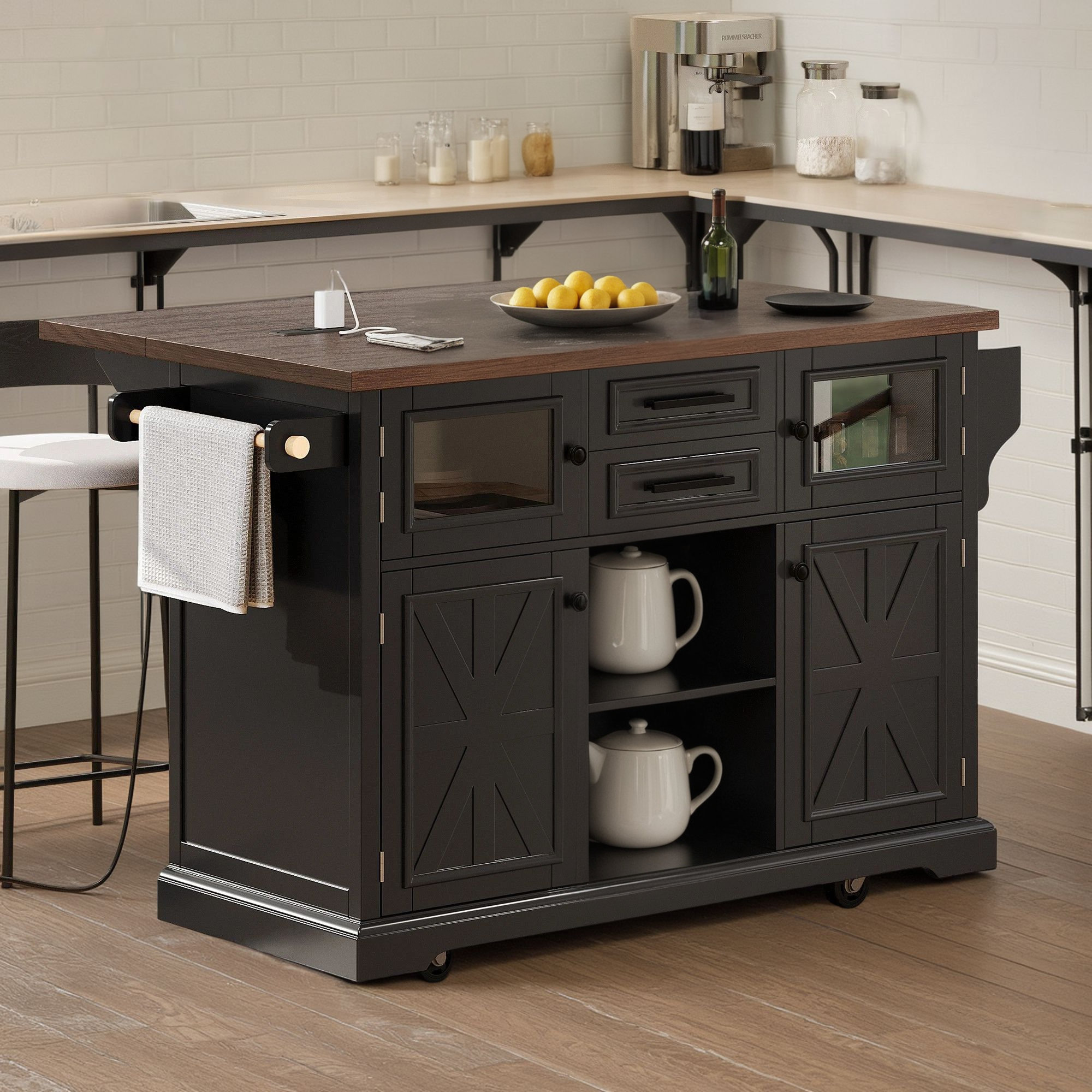 Ophelia & Co. Rolling Kitchen Island With Folding Board, Power Socket ...