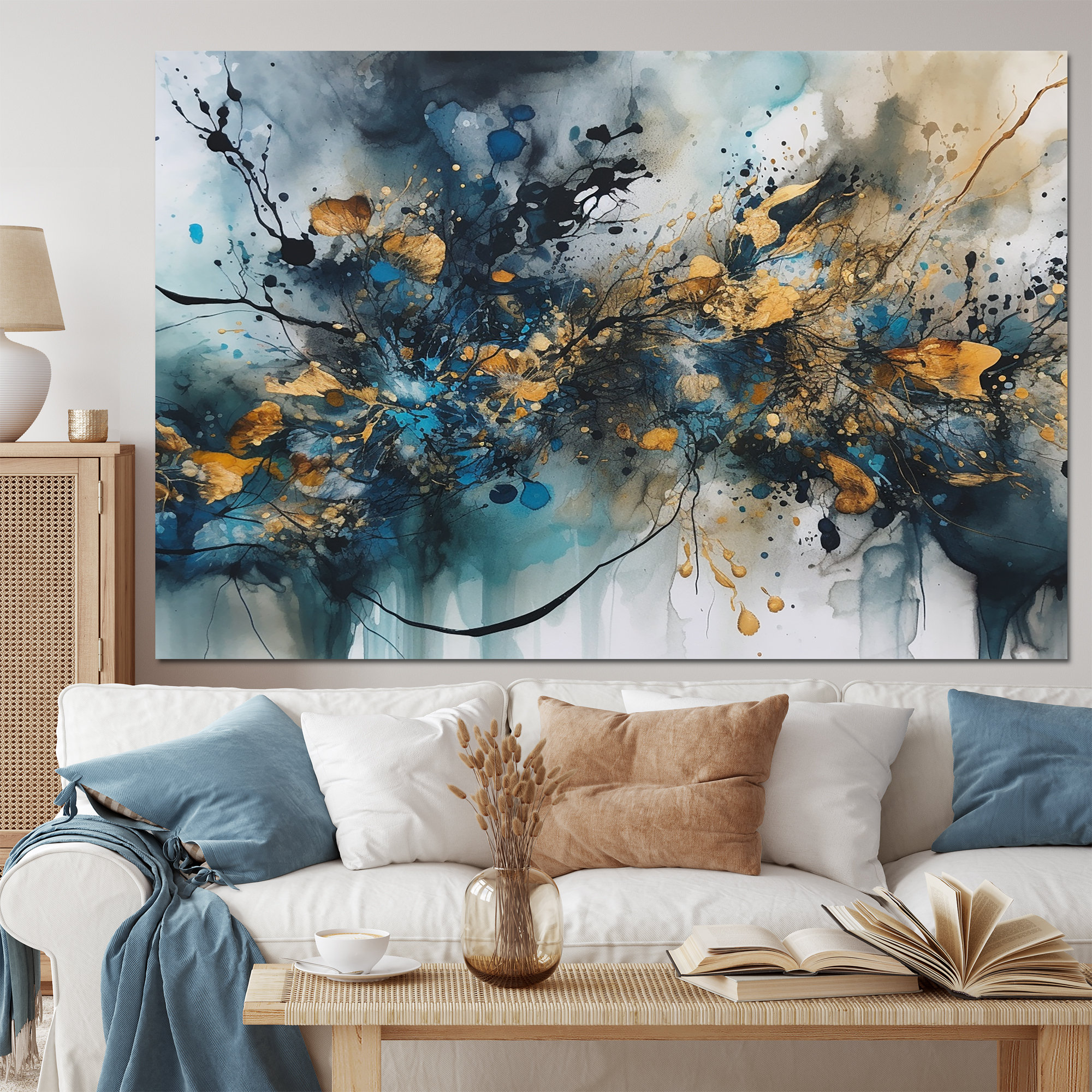 Ivy Bronx Blue Gold Captivating Liquid Ink - Abstract Marble Wall Art ...