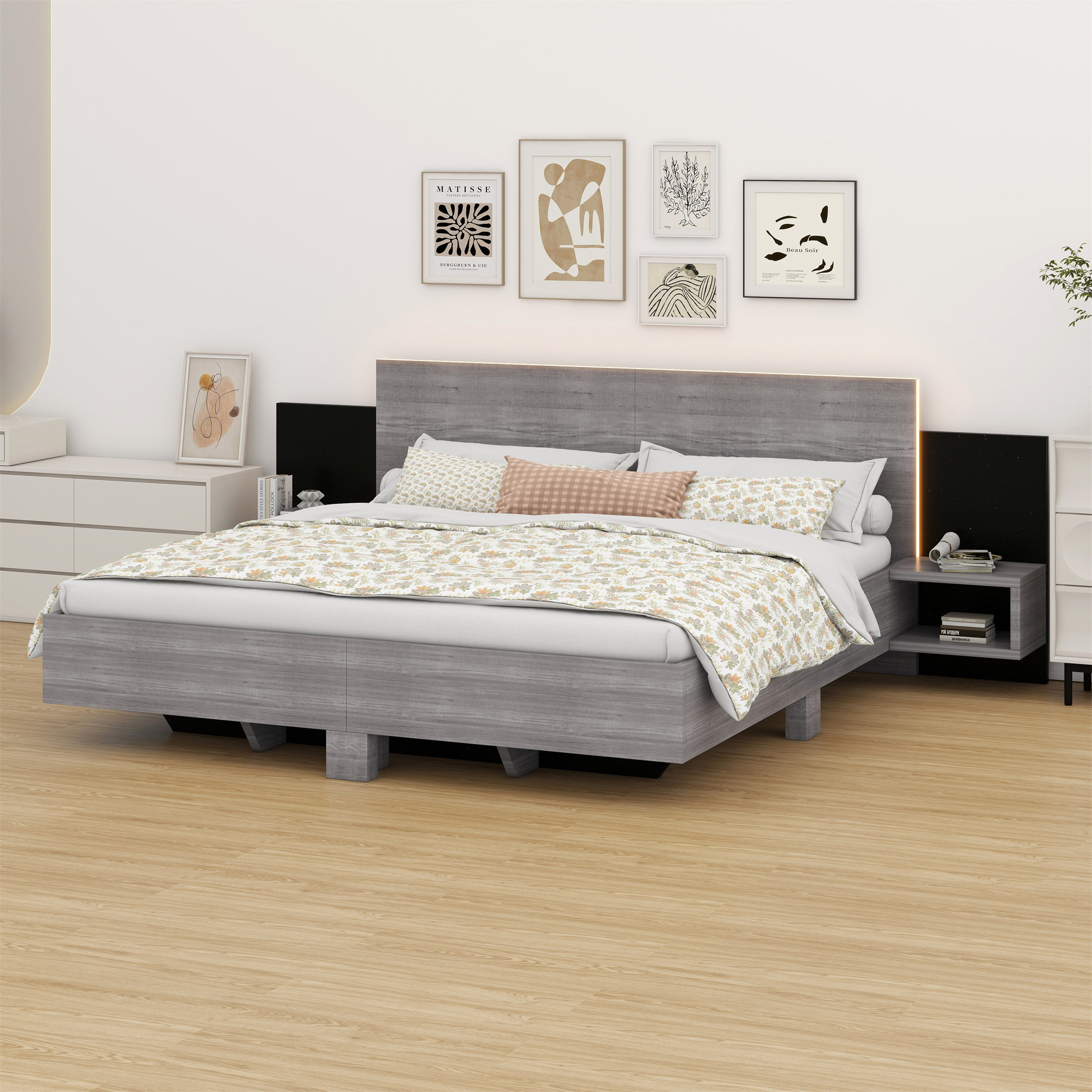 Latitude Run® Wooden Floating Platform Bed, With LED Lights, Bedside ...