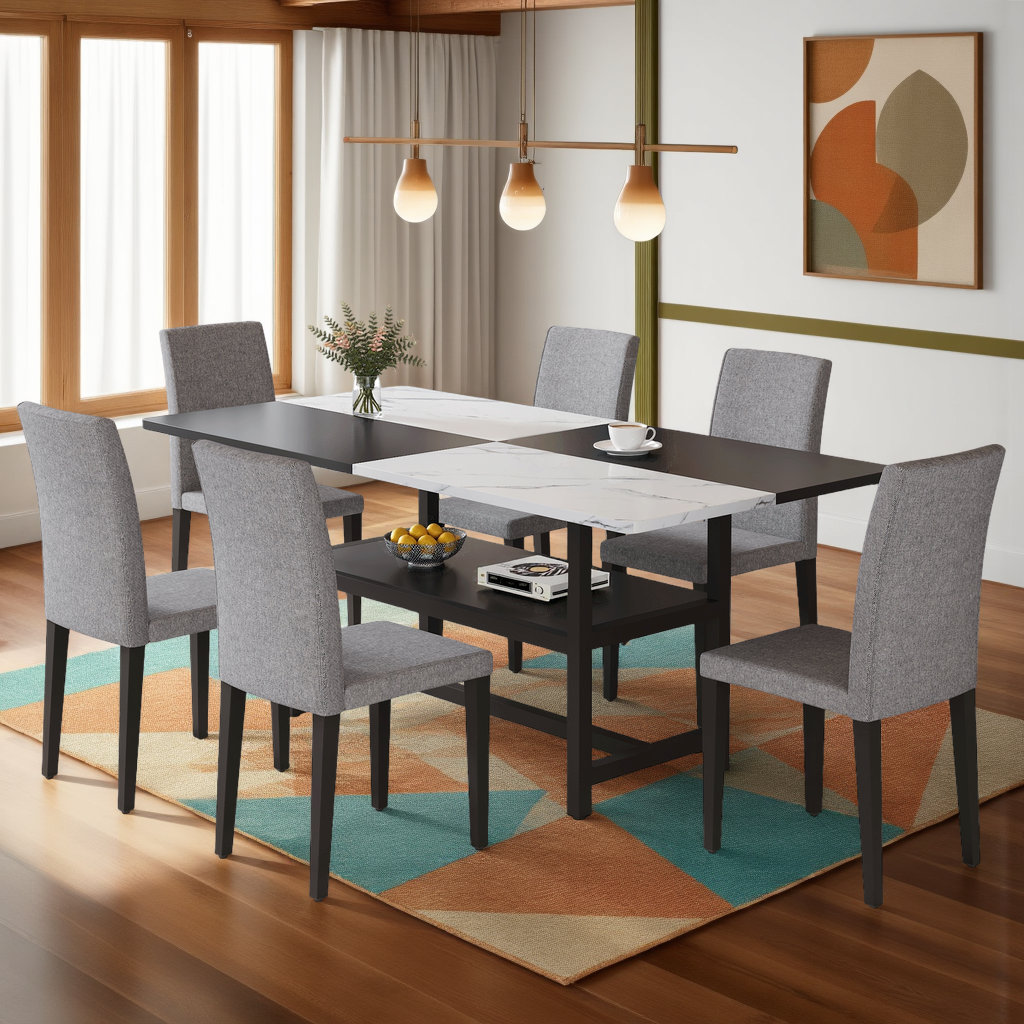 Ivy Bronx 71" Table & PU Chairs, Black Dining Table Set with Storage ...