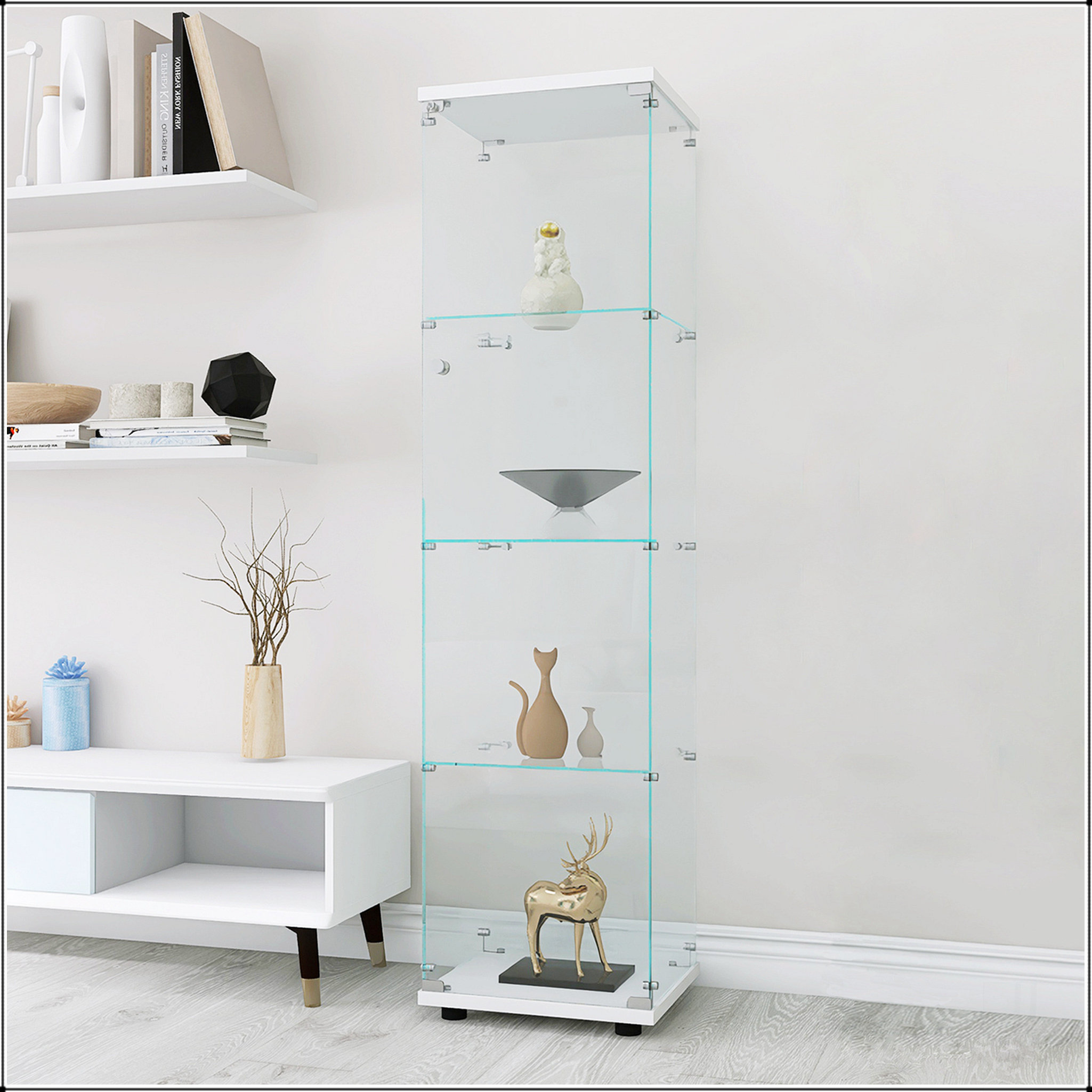 Wrought Studio™ 4 Shelves Glass Cabinet Glass Display Cabinet with One ...