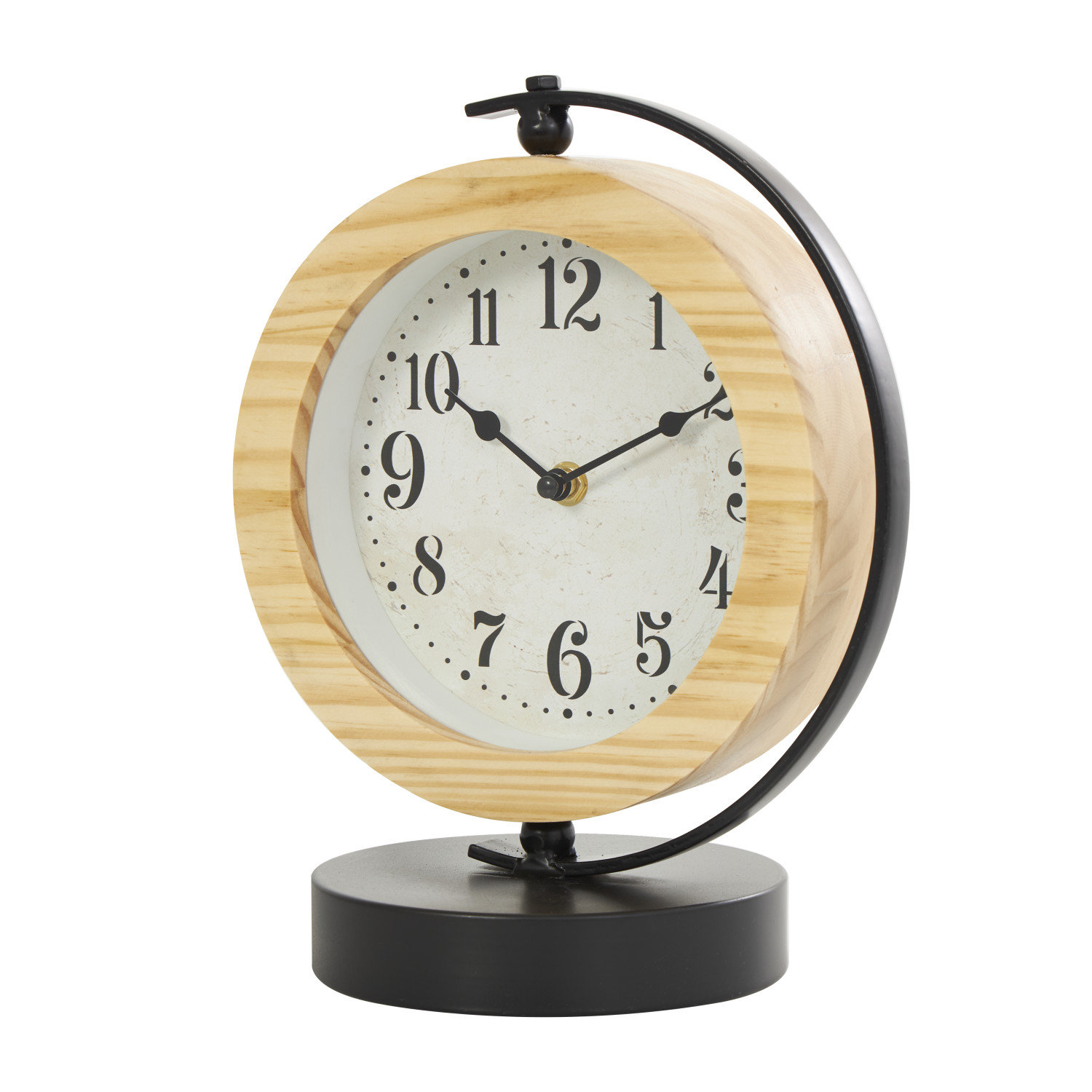 Ebern Designs Wood Decorative Light Brown Clock with Curved Black Metal ...