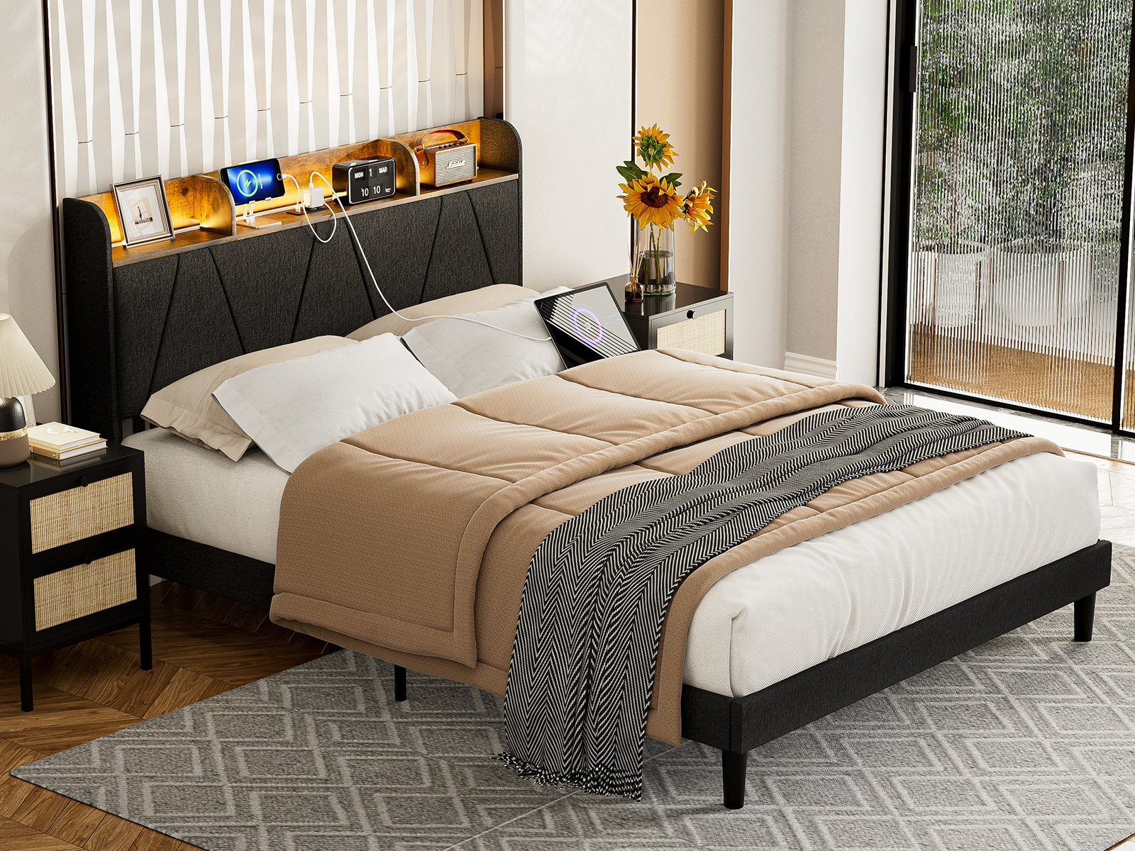 Ivy Bronx Gearl Upholstered Bed With Storage Shelf Headboard & Charging ...