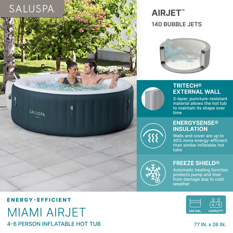 Bestway SaluSpa Miami AirJet 4-6 Person Inflatable Hot Tub w ...