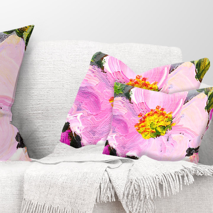 Design Art Pink Flower Oil - Floral Printed Pillow | Wayfair