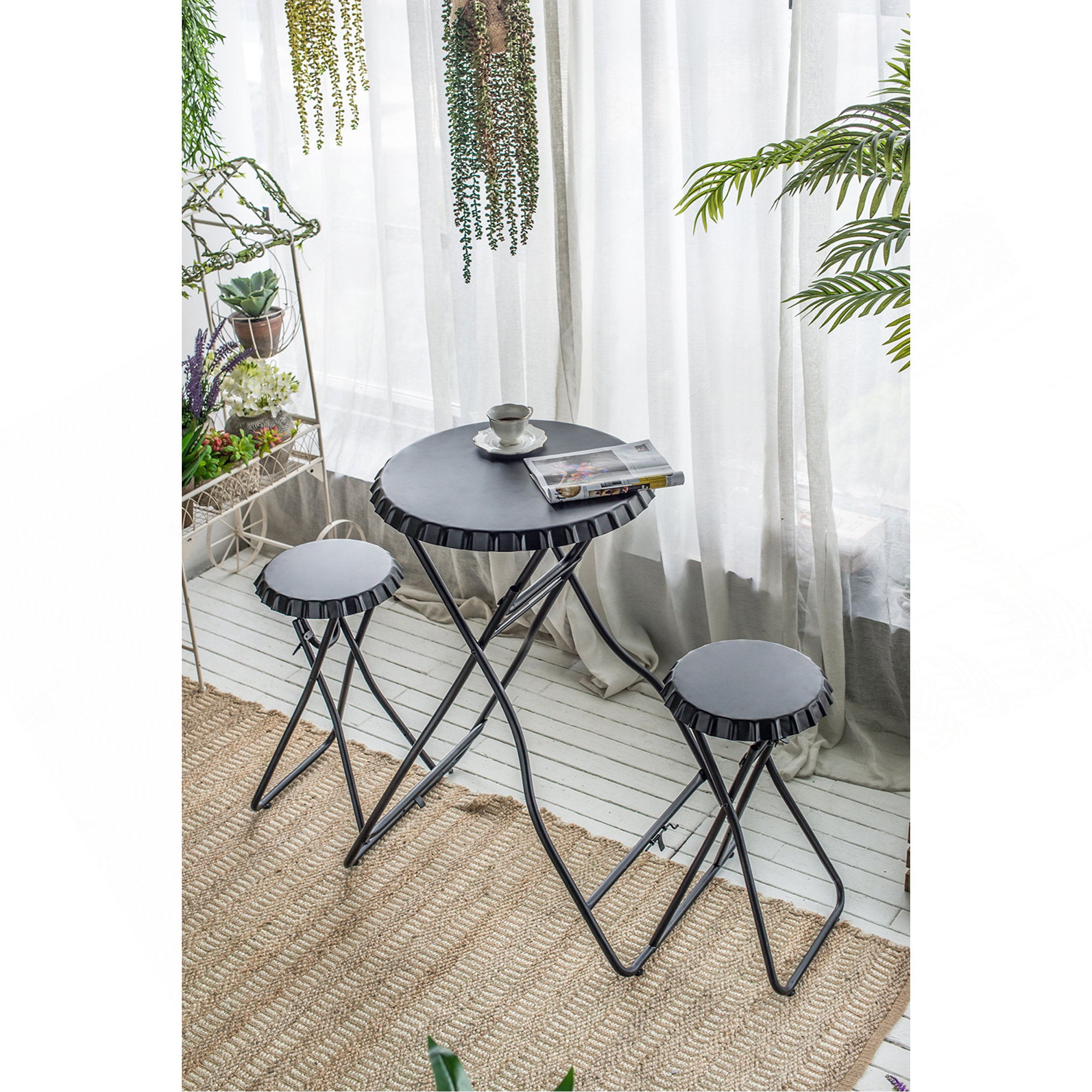 17 Stories 57.5X23.6X39.8" Black Stowable Side Table And Two Seats ...