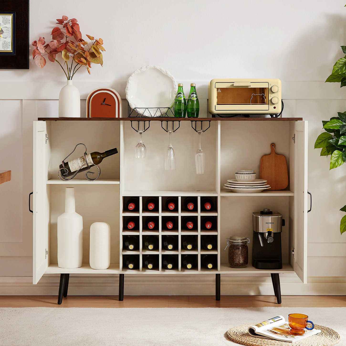 Gracie Oaks Faux Rattan Barn Door Wine Cabinet With Wine Rack, Double ...