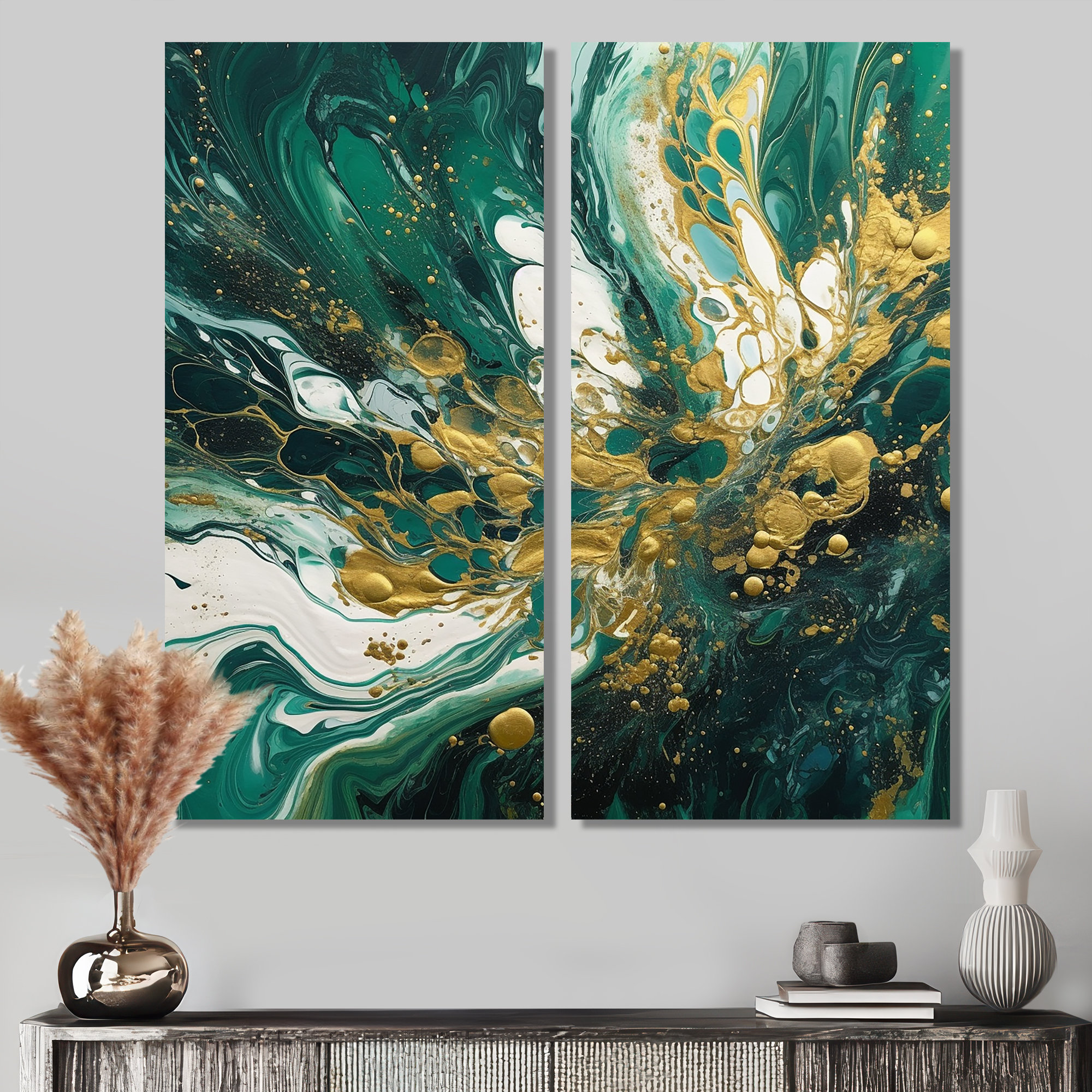 Mercer41 Green And Gold Serene Cascade I - Modern Wall Art 2-Panels | Wayfair