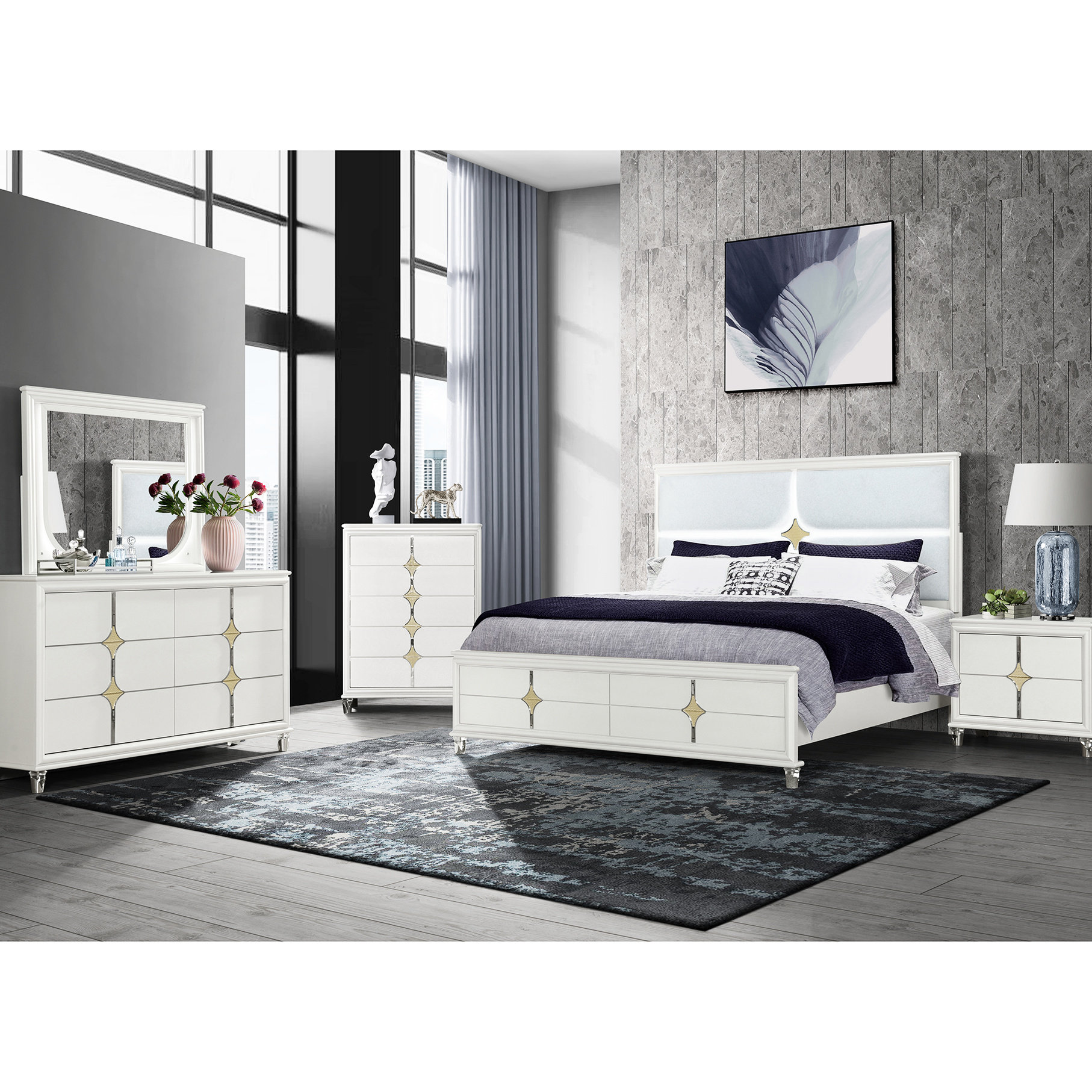 Everly Quinn King Bed With Led, Gold King, Panel Style Headboard, Solid ...