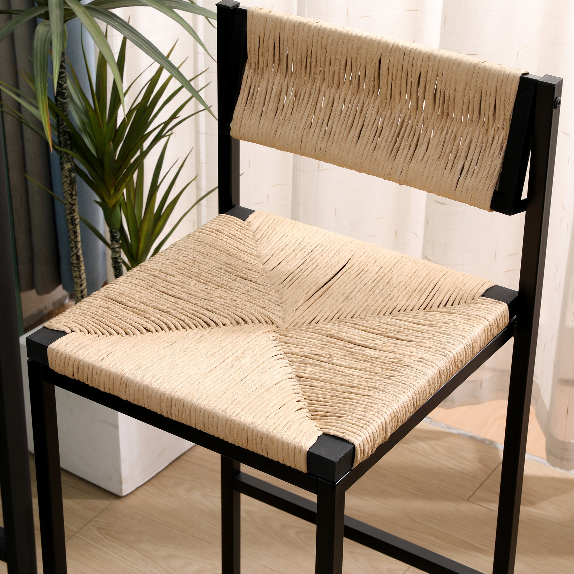 17 Stories Creamy White Paper Rope Woven Bar Stools Set of 2 Hand Weave ...