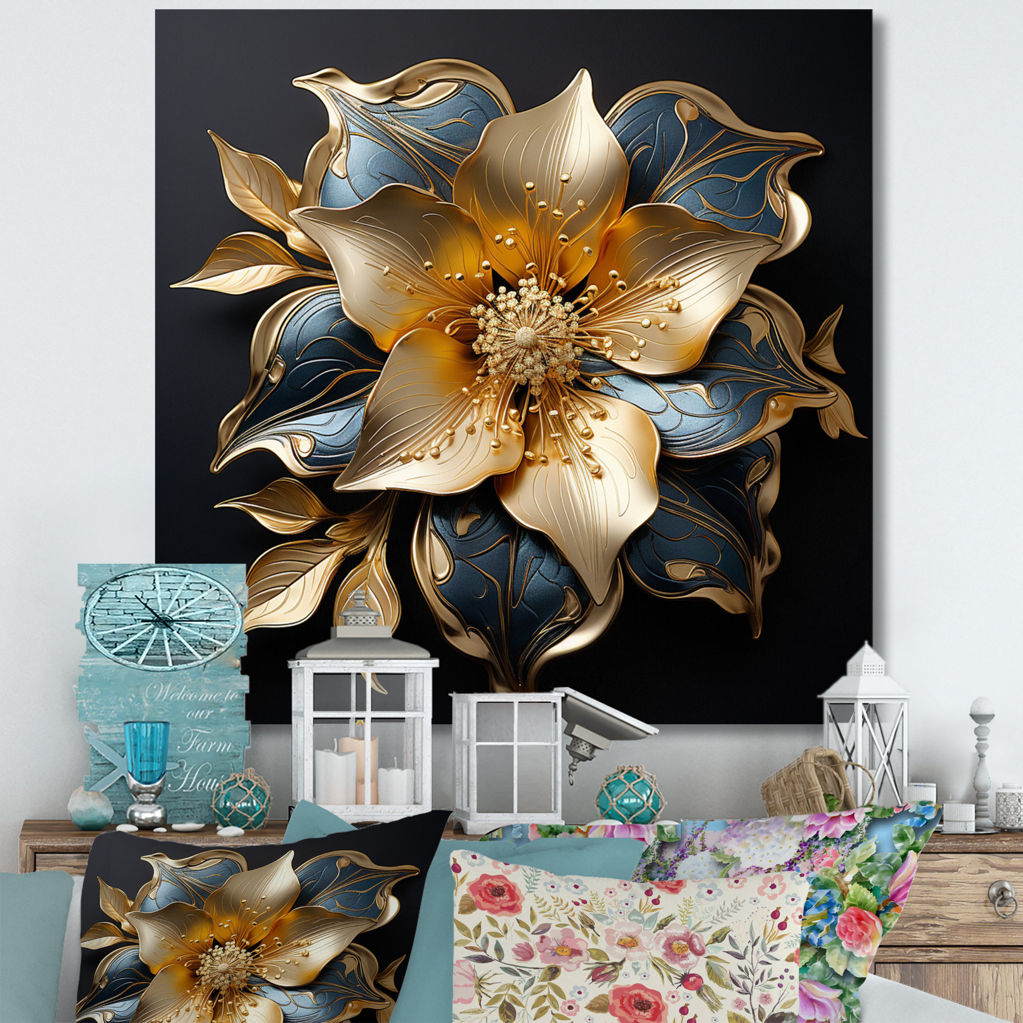 House of Hampton Golden Lily Flower Glam On Black - Lily Wall Art ...