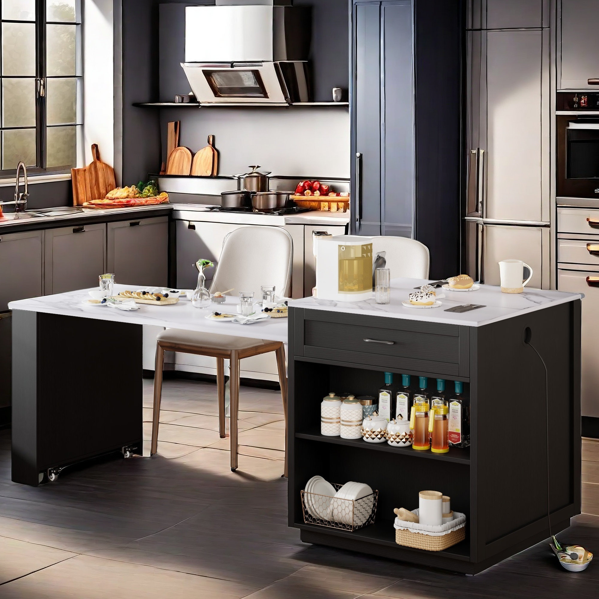 Latitude Run® Kitchen Island With Extendable Dining Table, Power Outlet ...