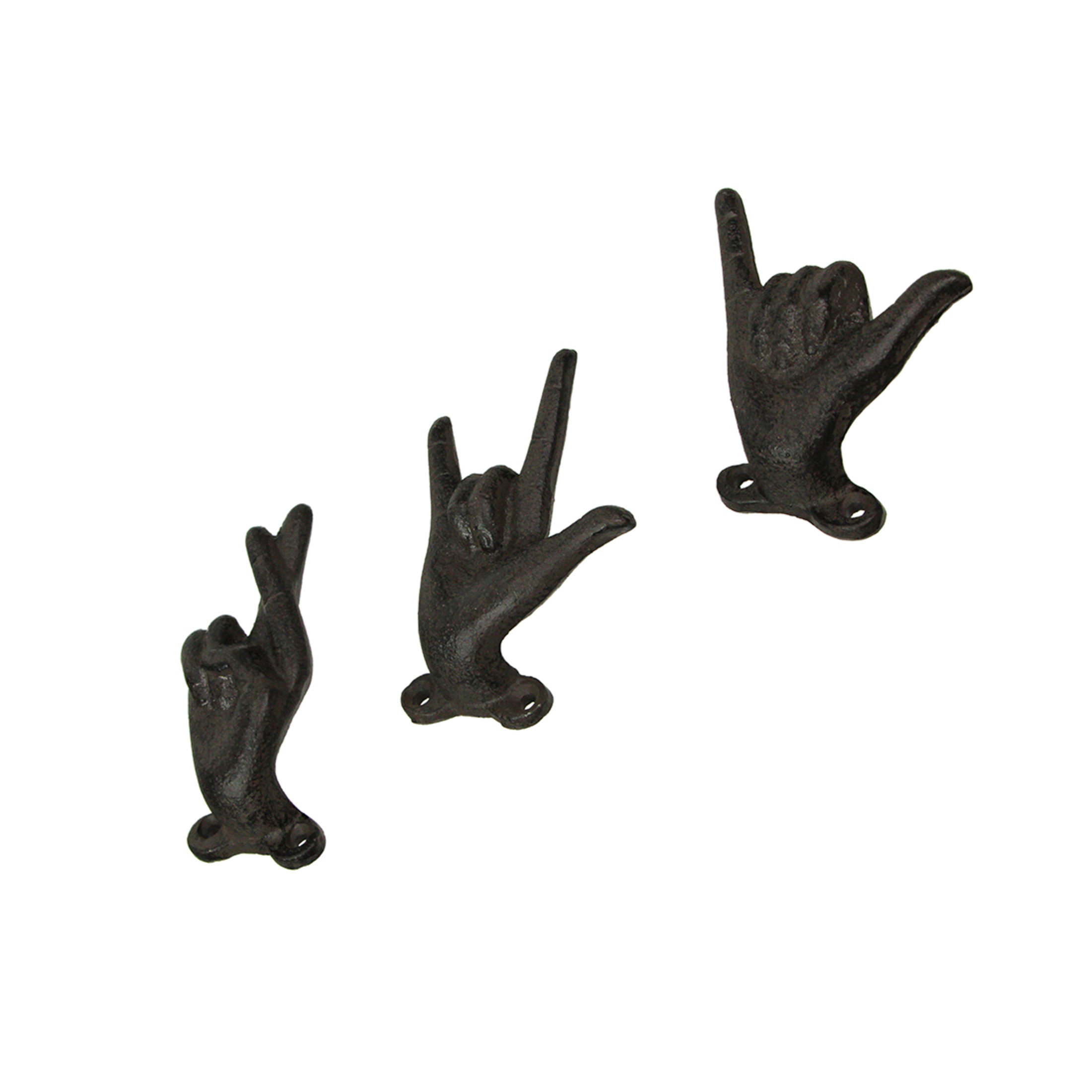 Orren Ellis Set Of 3 Brown Cast Iron Hand Gesture Wall Hooks: Playful ...