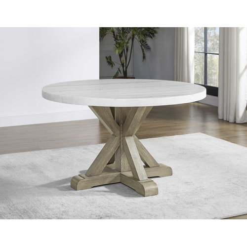 Lark Manor Amaryon Round Marble Top Solid Wood Base Dining Table ...