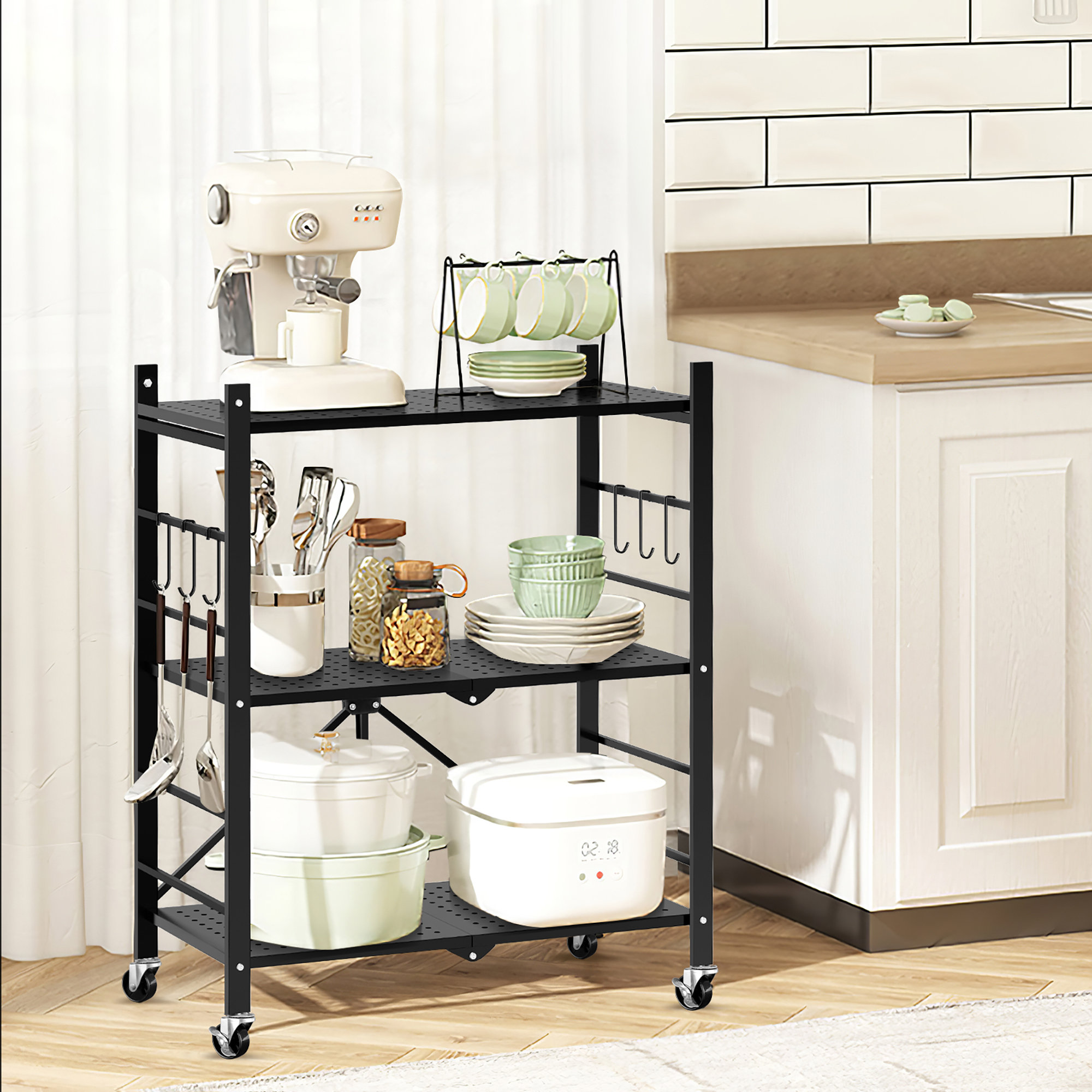 Latitude Run® Storage Shelves With 20 Hooks, 4-Tier Collapsible ...