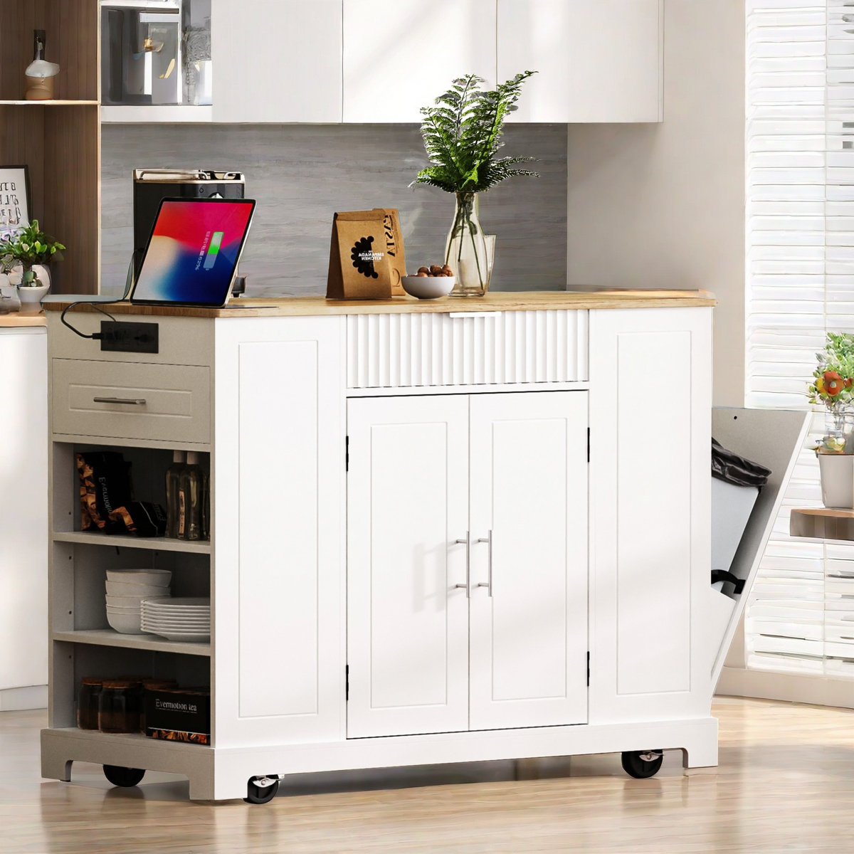 Lark Manor™ Fluted Kitchen Island With Tilt-out Trash Can, Power Outlet ...