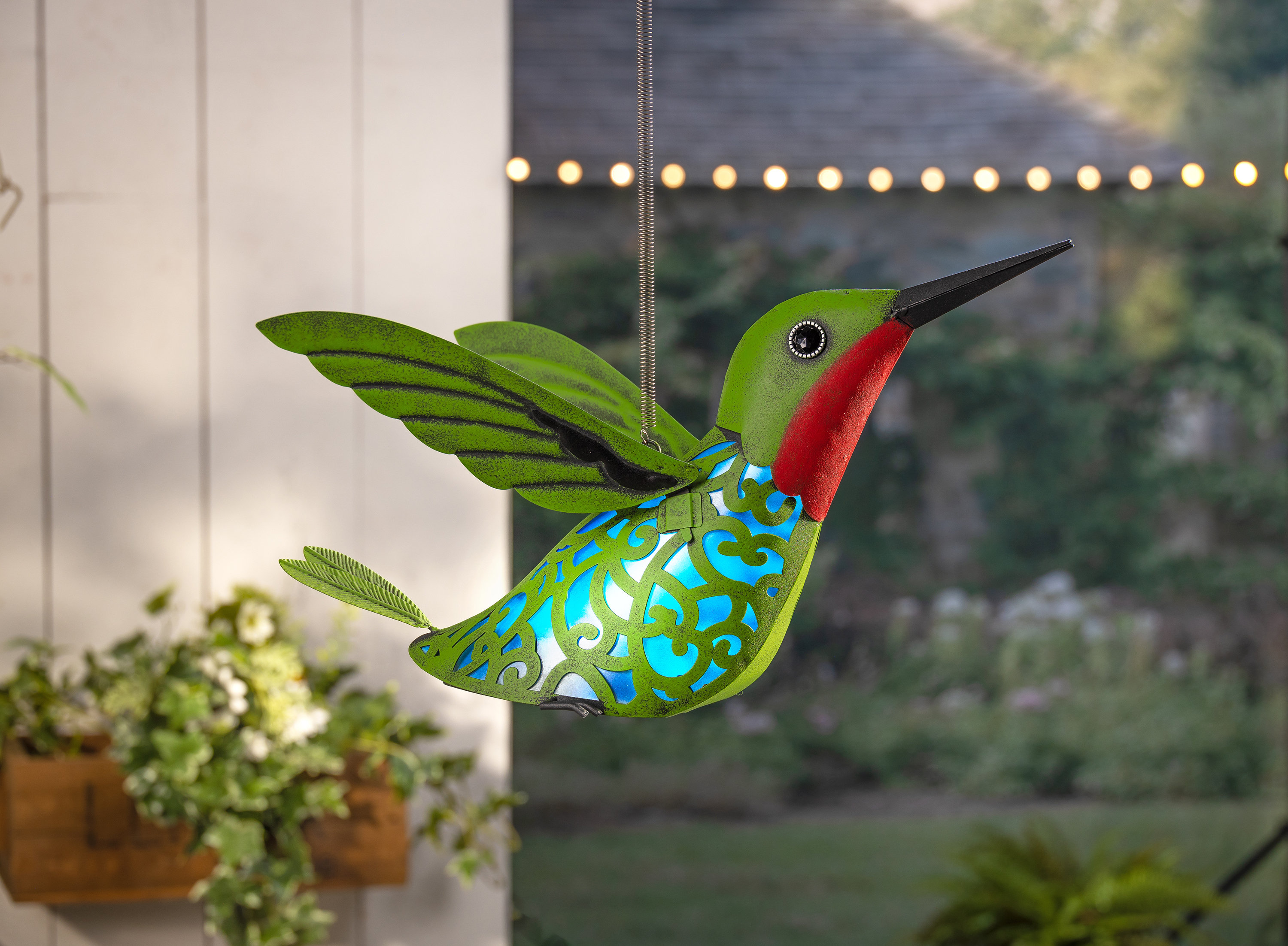 Ebern Designs 9.45 Inch Solar Lighted Metal Hummingbird With Spring And ...