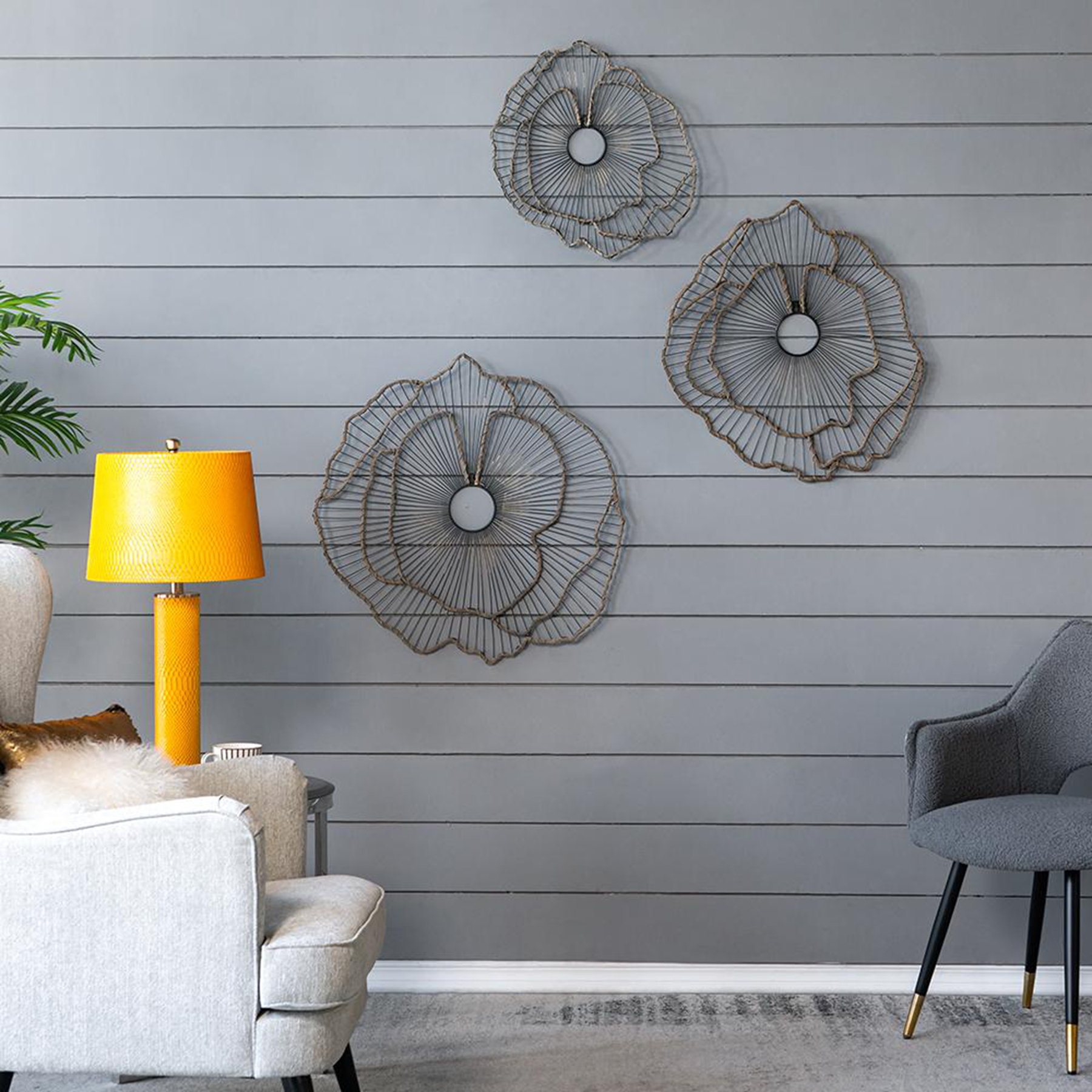 Fu Owner Set of 3 Metal Flowers Wall Decor, Transitional Wall Floral ...