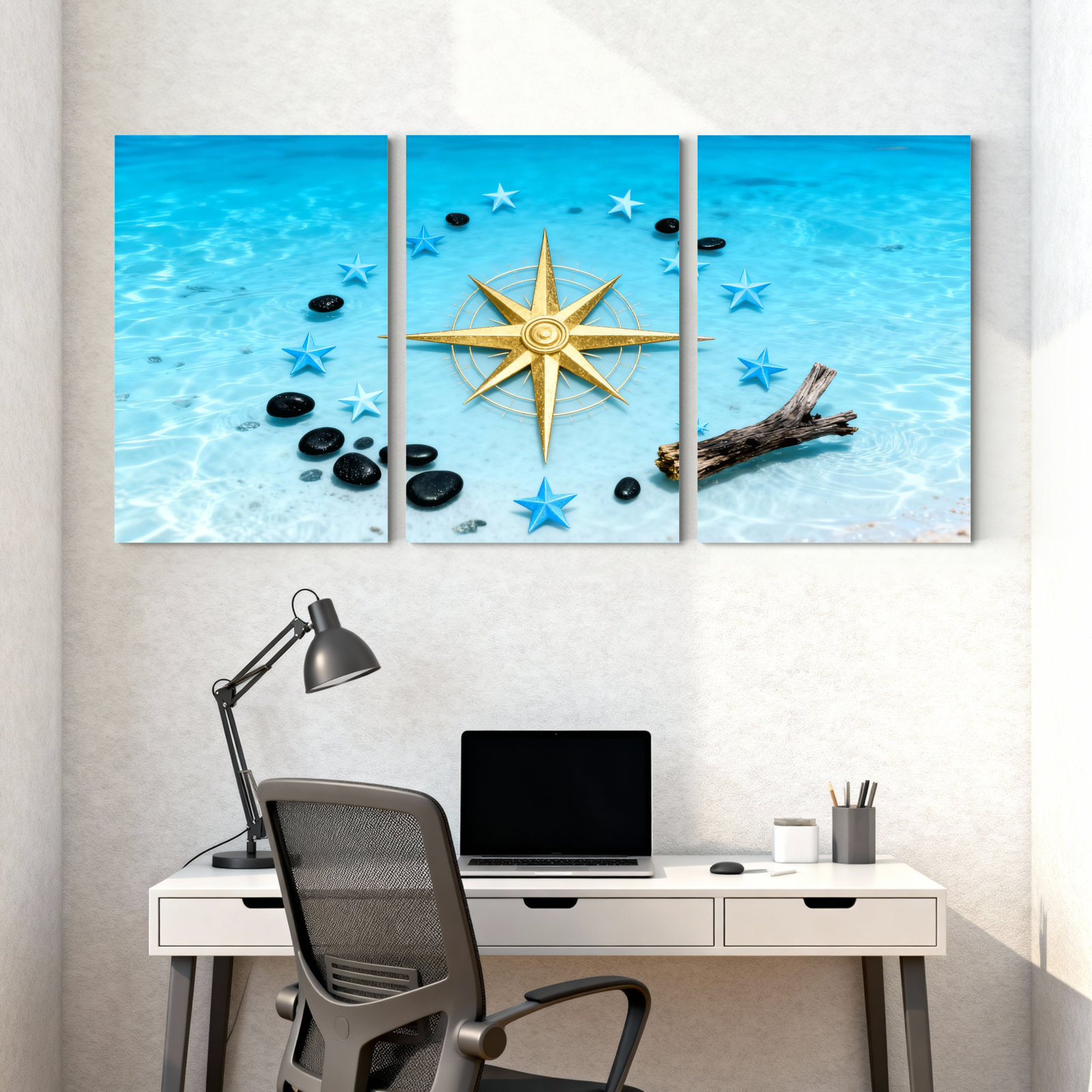 Breakwater Bay Golden Compass Blue Water Stars Rocks Driftwood Set of 3 ...