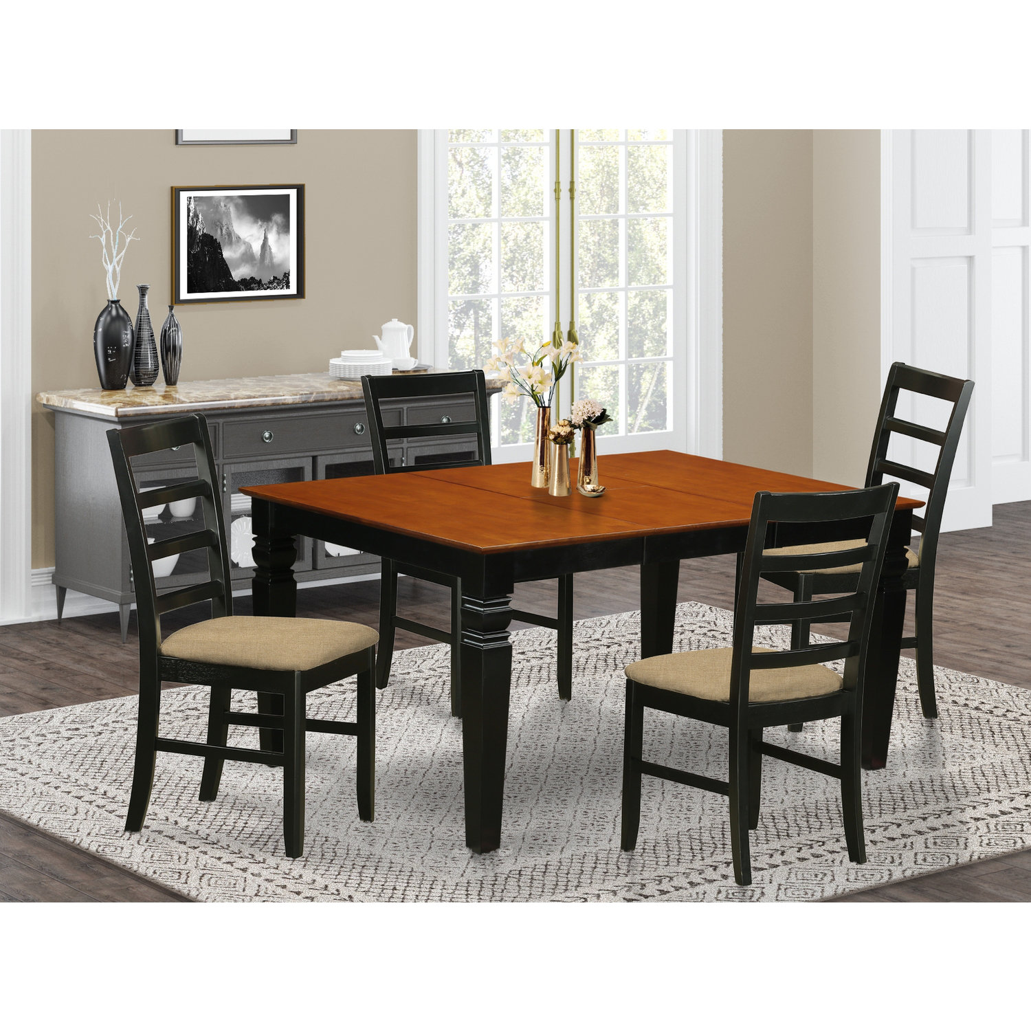 Canora Grey 5-Piece Rectangle Black Finish Solid Wood Top Dining table ...