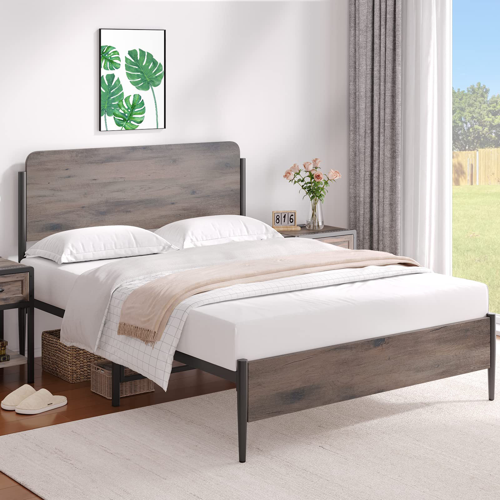 17 Stories Full Size Bed Frame With Wooden Headboard, Platform Bed ...
