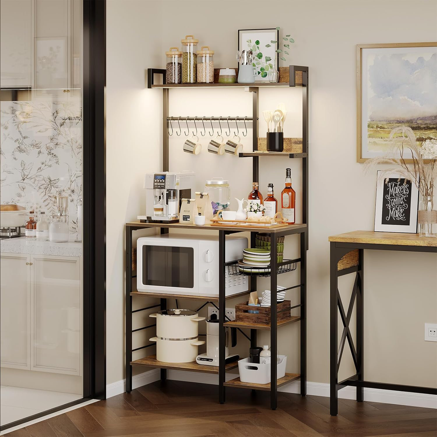 Orren Ellis Kitchen Storage Shelf With Led Lights, Power Outlets & Wire ...