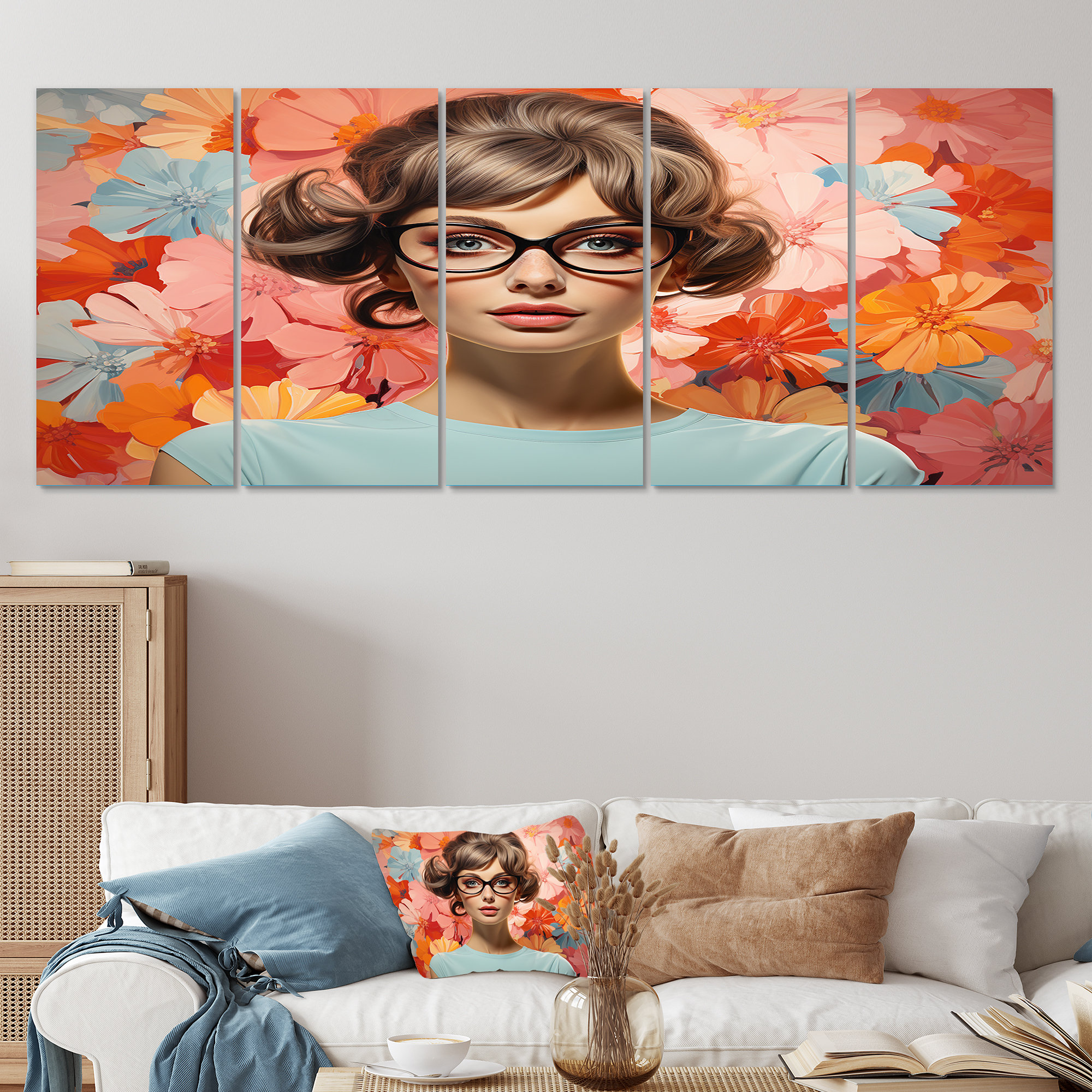 Mercer41 Retro Floral Mid Century Woman Elegance III - Fashion Woman 5 Piece Wall Art Canvas ...