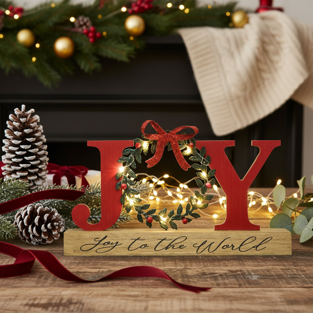 The Holiday Aisle® Farmhouse Wooden Rustic LED Lighted Joy Sign With ...