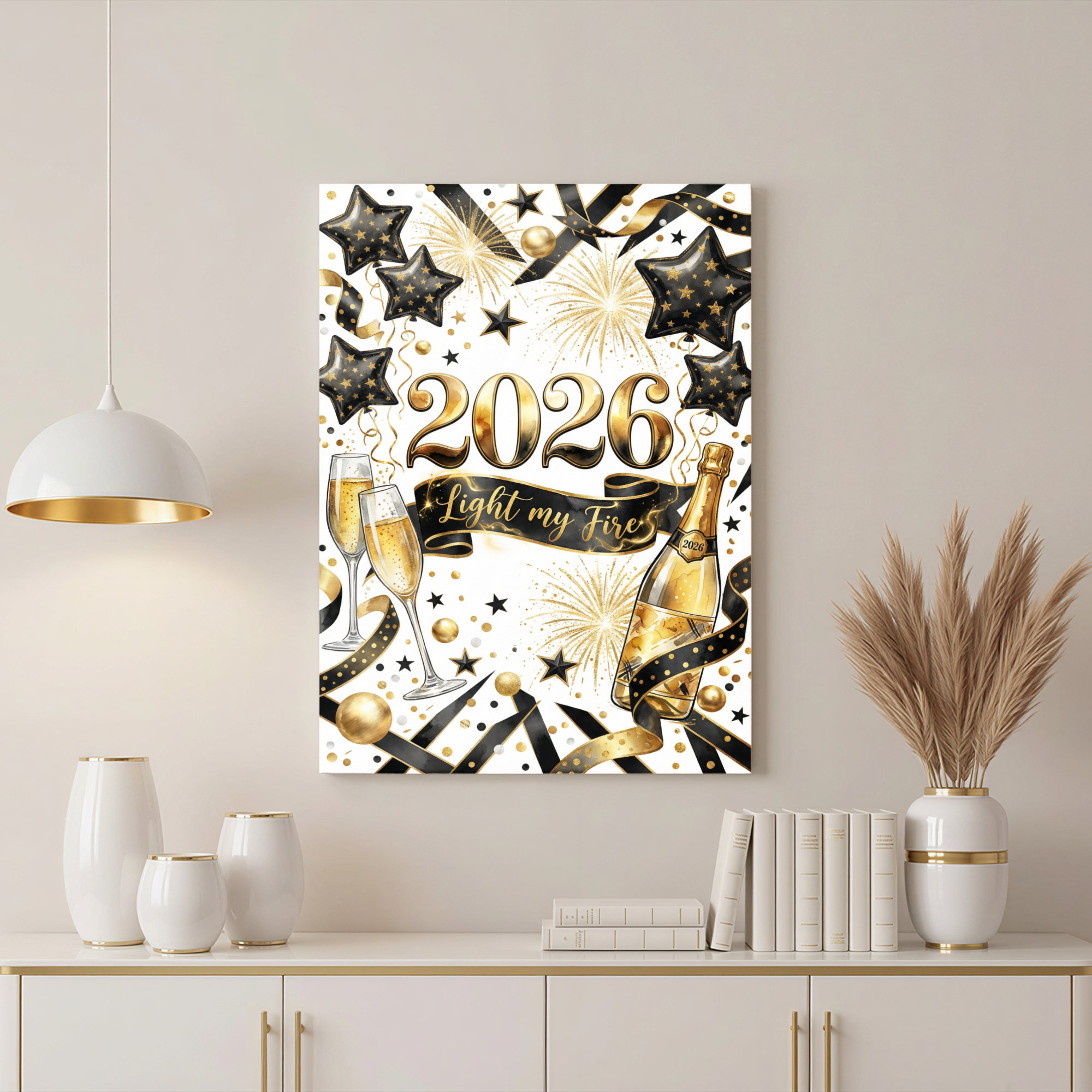 Mercer41 2026 New Year Celebration Gold And Black Stars Fireworks ...