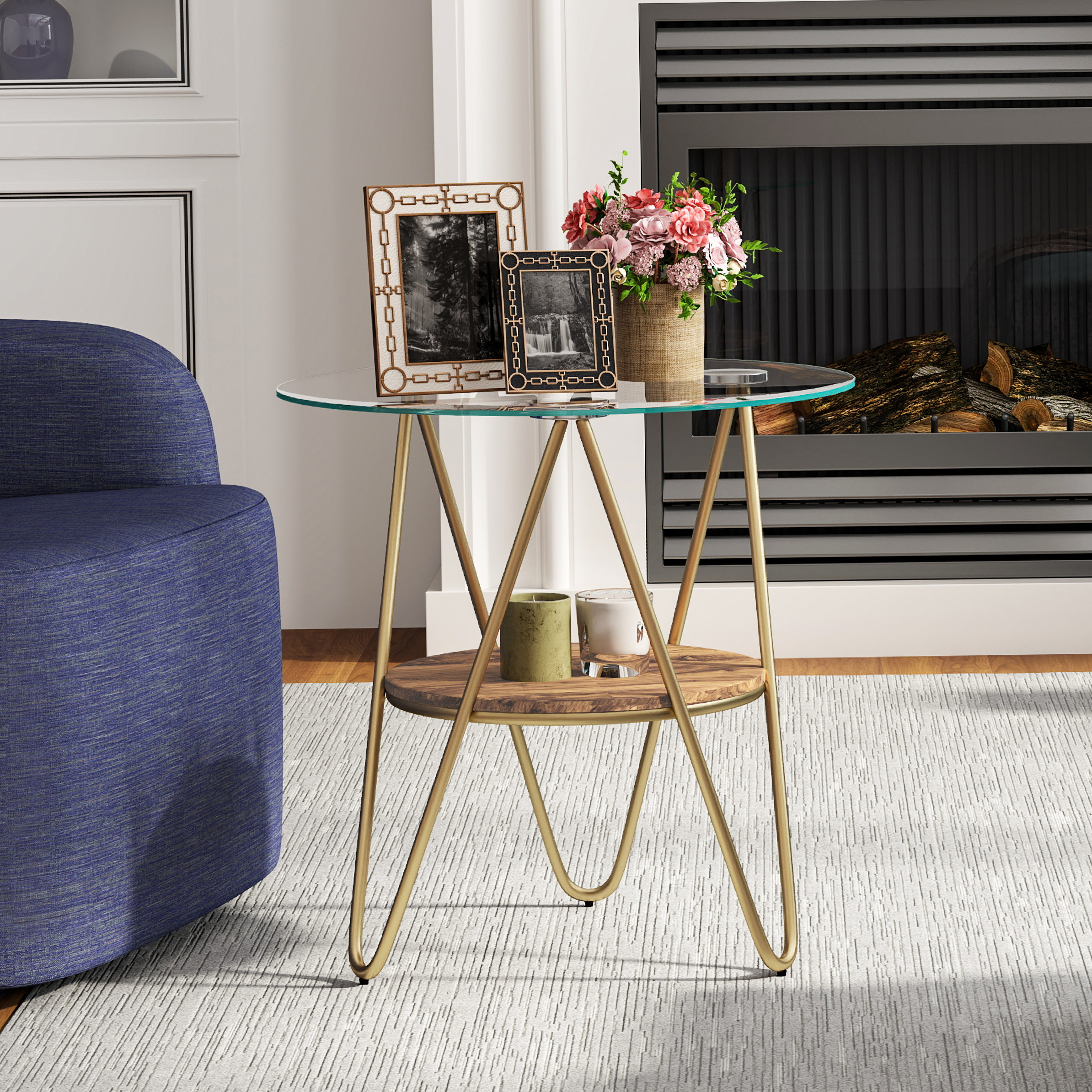 Mercer41 Round Side Table, Glass End Table with Storage Shelves ...
