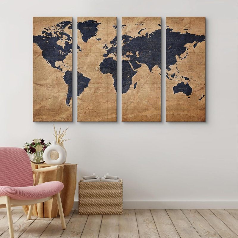 IDEA4WALL World Map Blue, Brown Maps On Canvas 4 Pieces Print | Wayfair