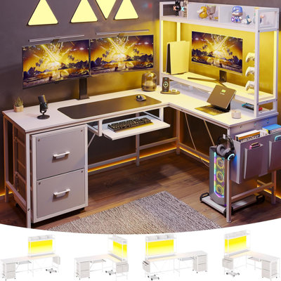 Wrought Studio™ Bianco L-Shaped Desk with Hutch & Power Outlet, Gaming ...
