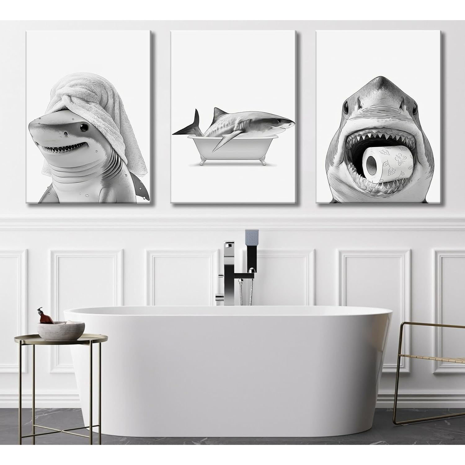 Trinx 3Pcs Black Shark Bathroom Canvas Wall Art Funny Ocean Animal ...