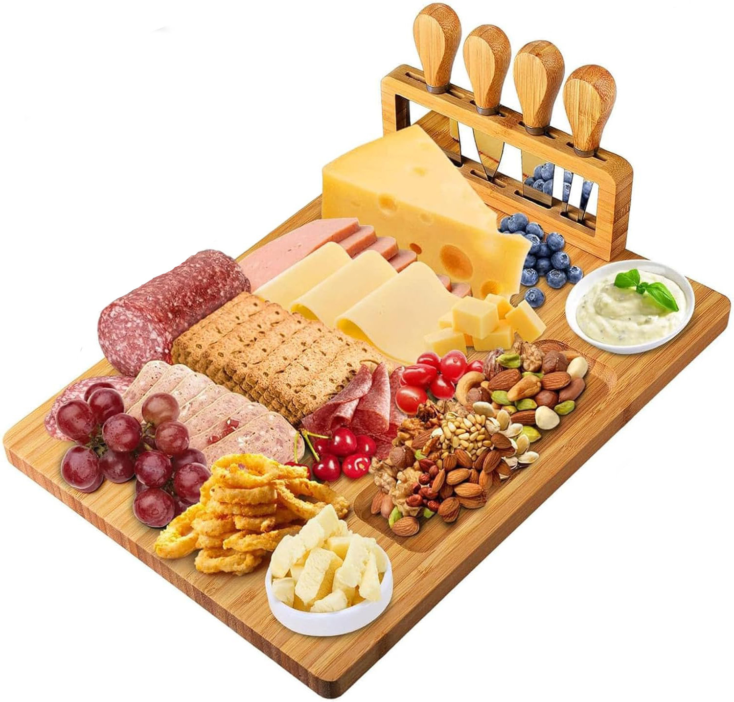 Prep & Savour Bamboo Cheese Tray with 4 Stainless Steel Cheese Knives ...