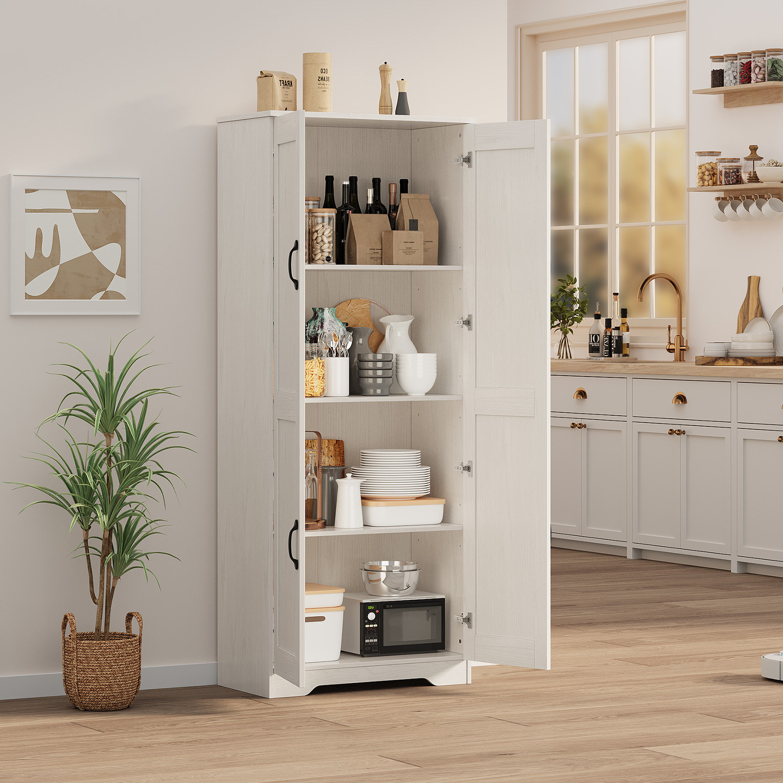 Ebern Designs 60-Inch Tall Cabinet with Doors and Shelves in White ...