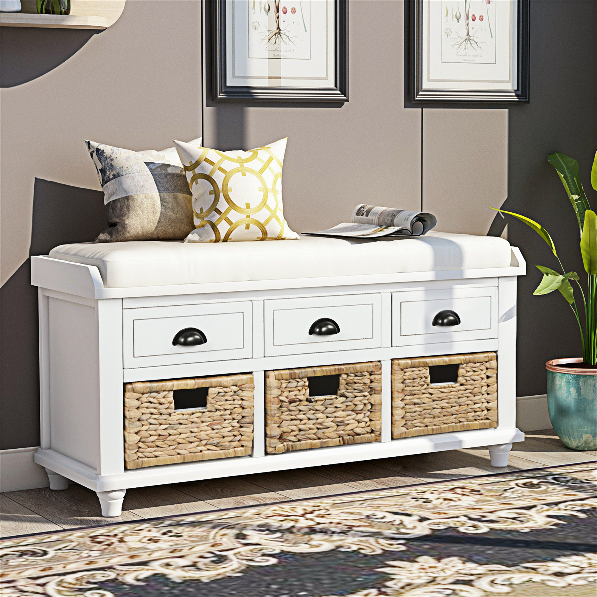 One Allium Way® Rustic Storage Bench With 3 Drawers And 3 Rattan ...
